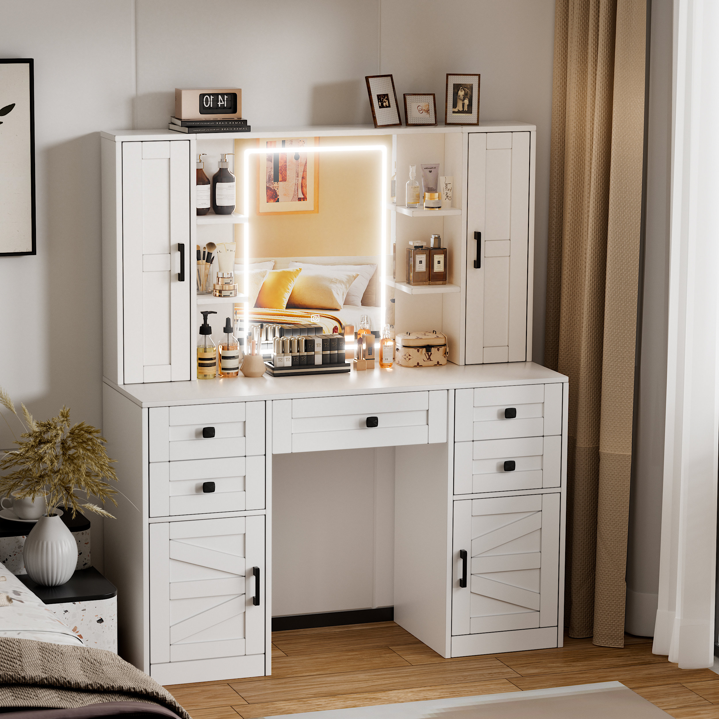 Lark Manor Makeup Vanity Desk With Led Lighted Mirror & Power Outlet ...