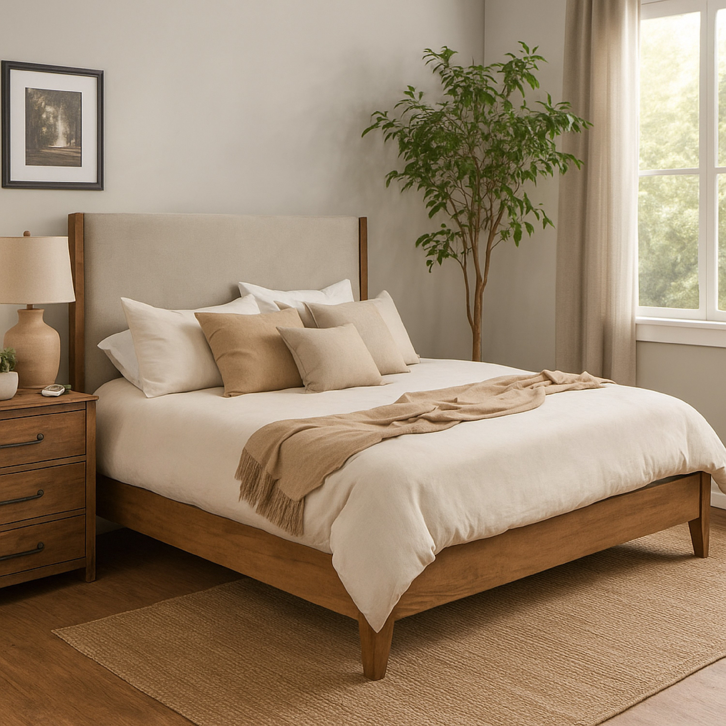 Benjara Neuv Bed, Beige Upholstered Headboard, Brown Parota Wood | Wayfair