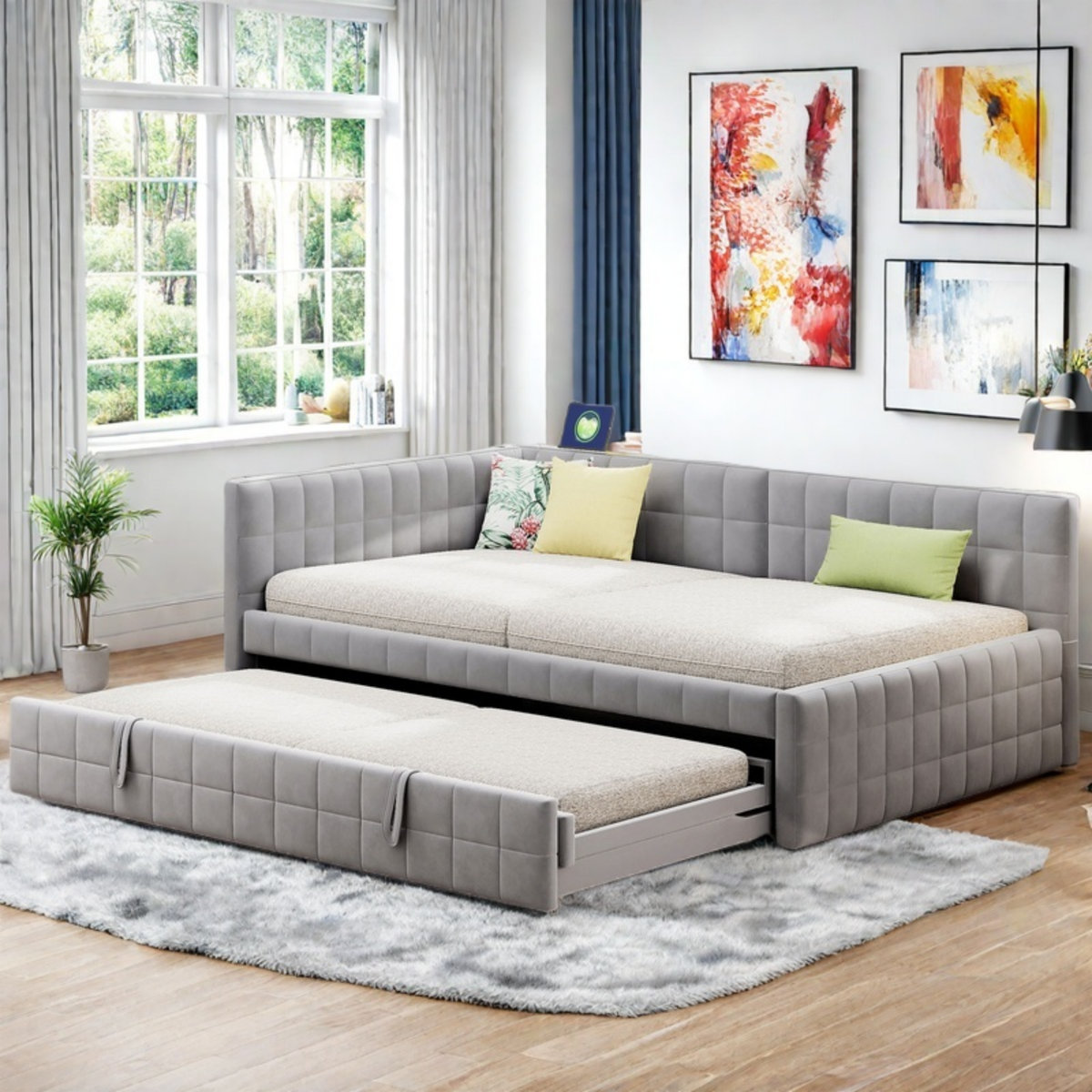 Latitude Run® Upholstered L-shaped Daybed With Pop Up Trundle, Usb ...