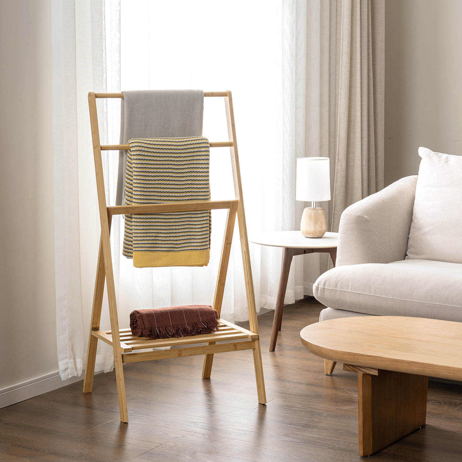 Millwood Pines Foldable Beige Freestanding Bamboo Blanket Rack ...