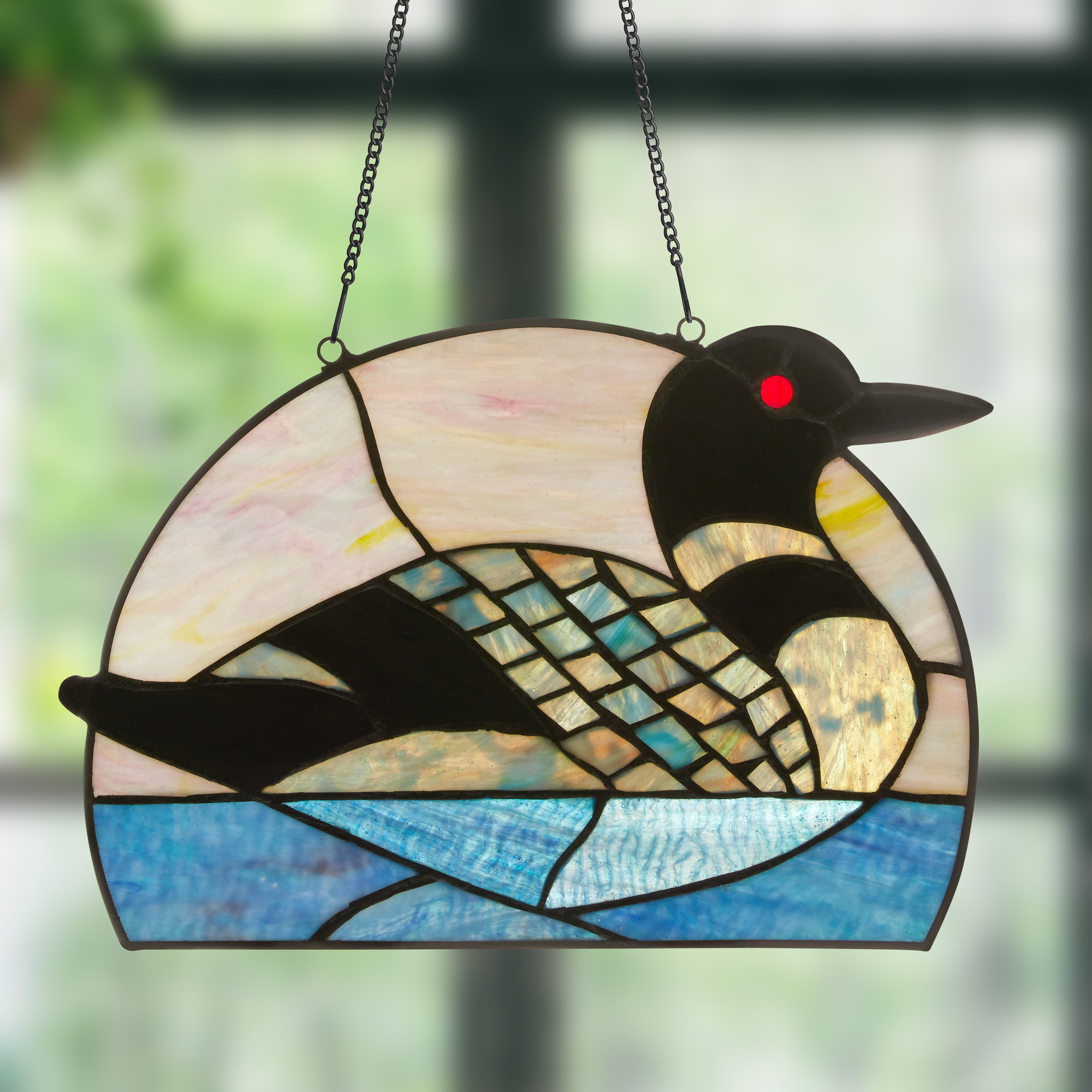 Highland Dunes 14"L Loon on the Water Stained Glass Window Panel ...