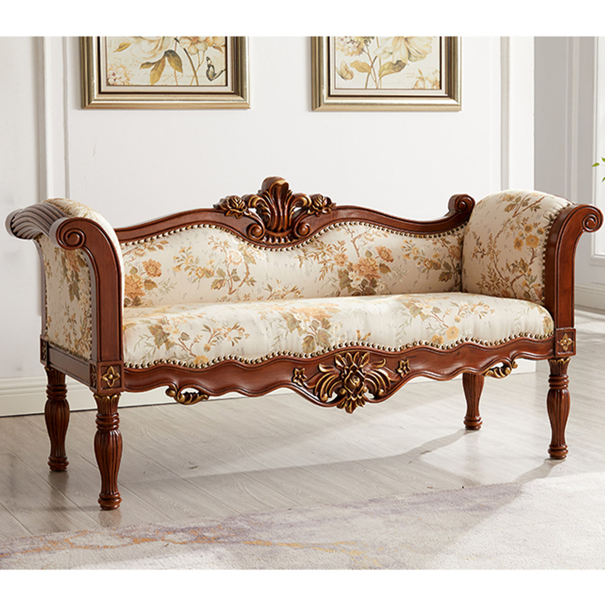 EliteFurnishings Ornate Upholstered Sofa Bench with Floral Pattern ...