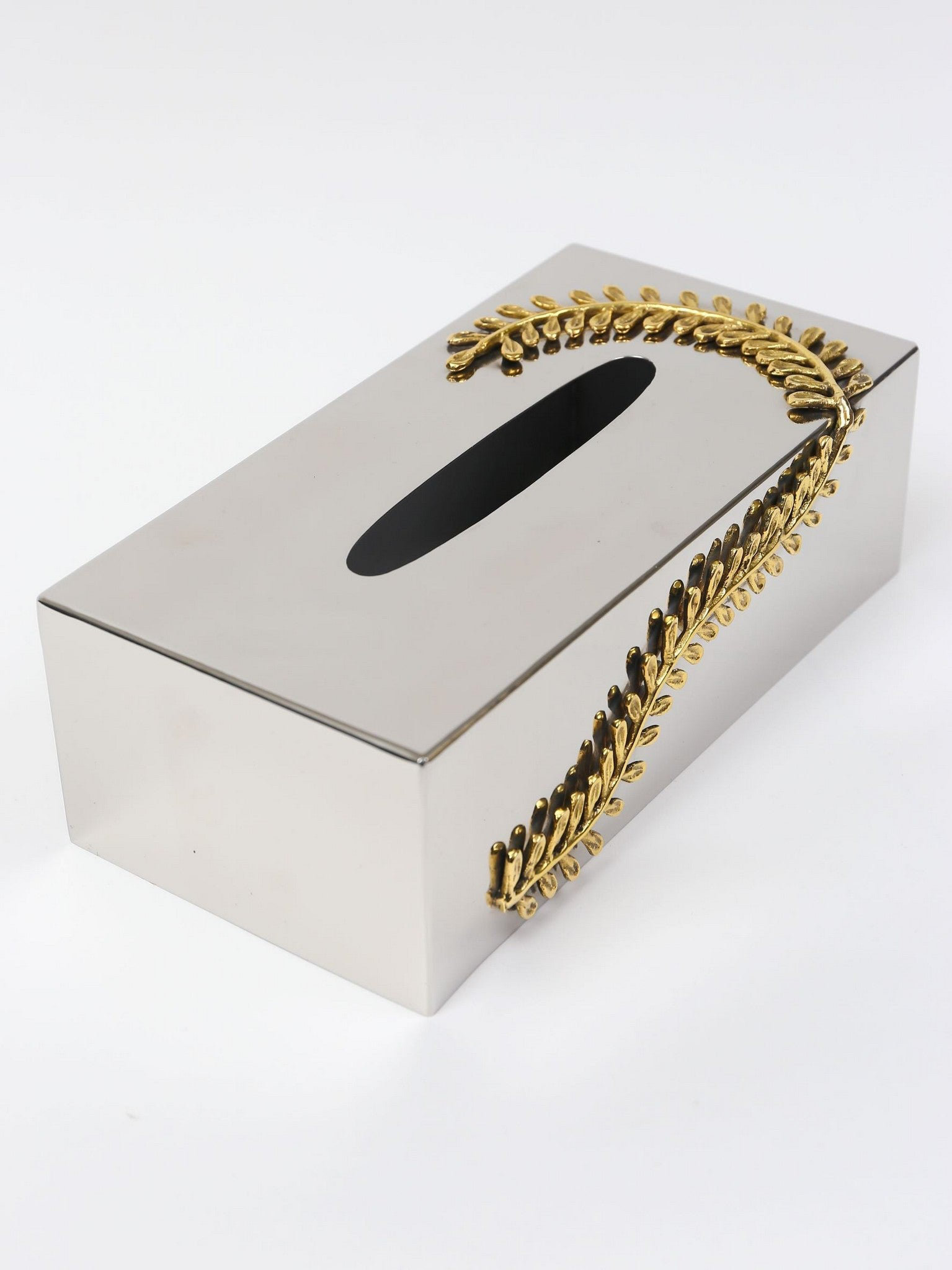 Everly Quinn Stainless Tissue Box With Gold Curry Leaf Design | Wayfair