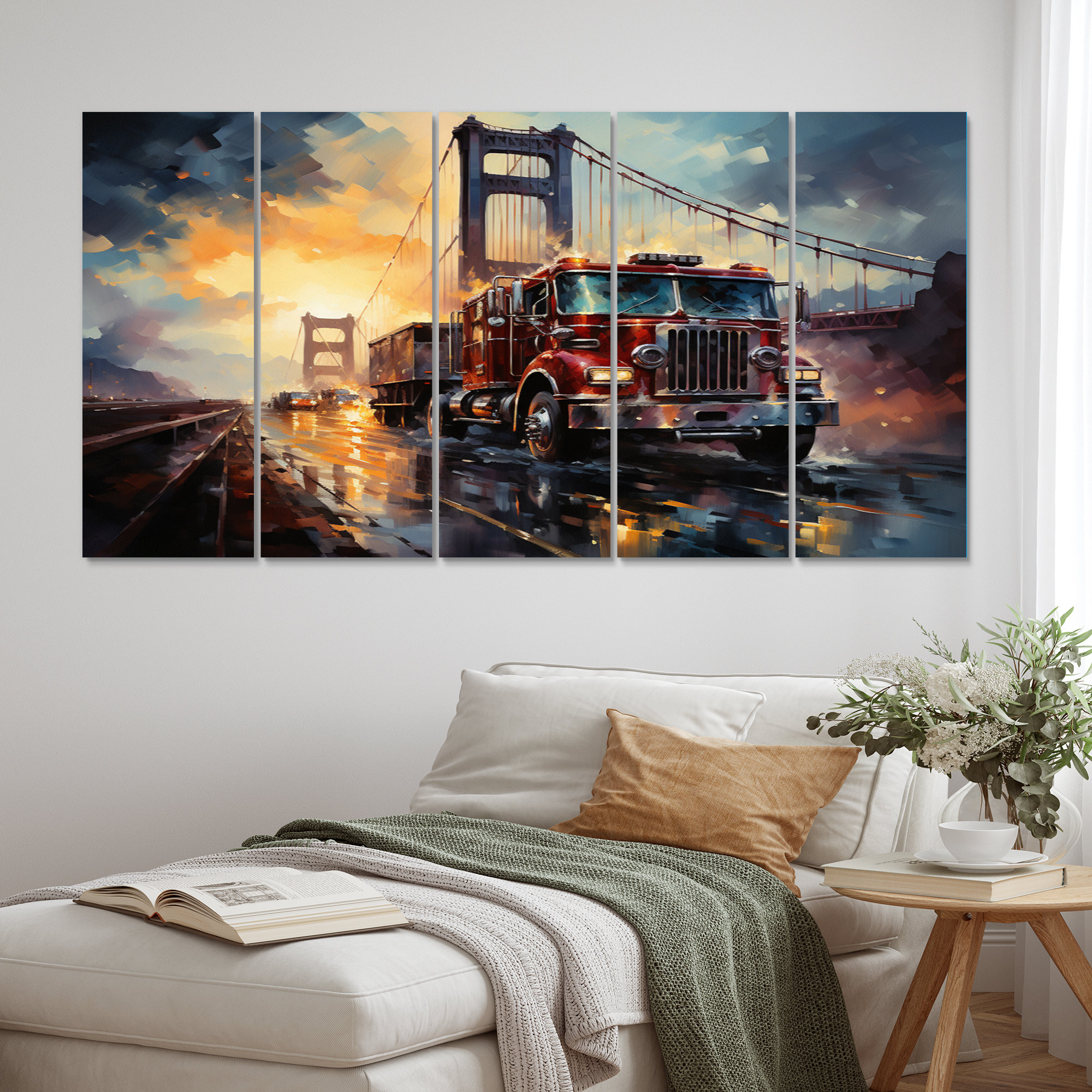 17 Stories Fire Truck In Action - Fireman Wall Decor - 5 Equal Panels ...