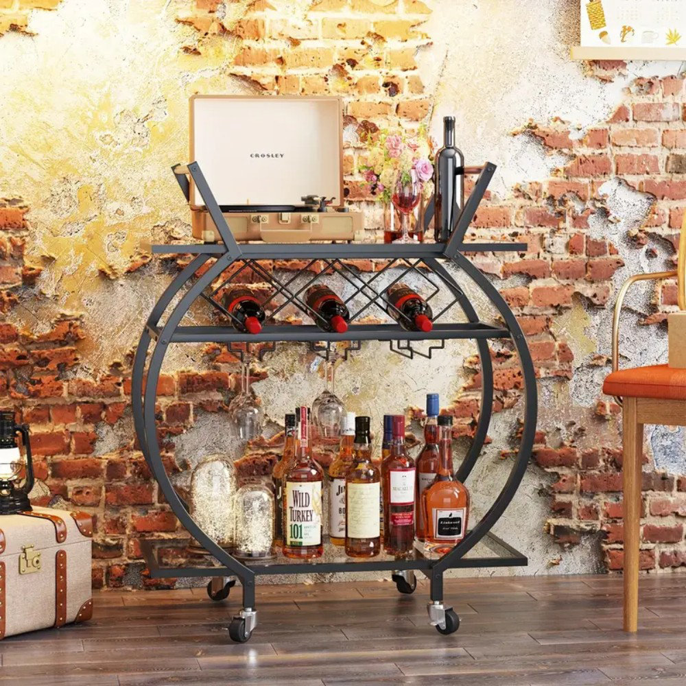 Mercer41 Bar Trolley 2 Tier Rolling Home Service Trolley With Wine Rack ...
