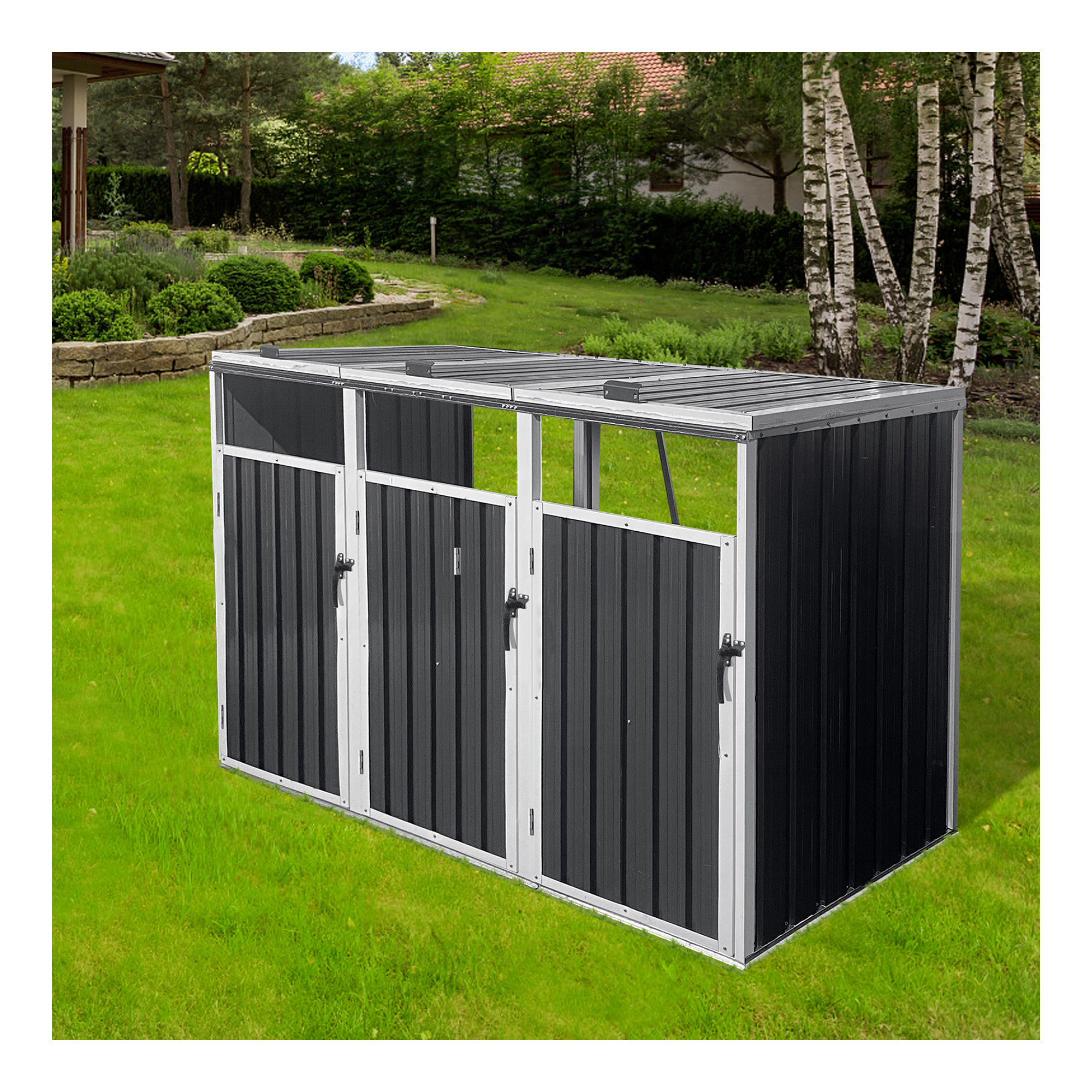 Taroo Clocks Garbage Bin Shed Stores 3 Trash Cans Metal Outdoor Bin ...