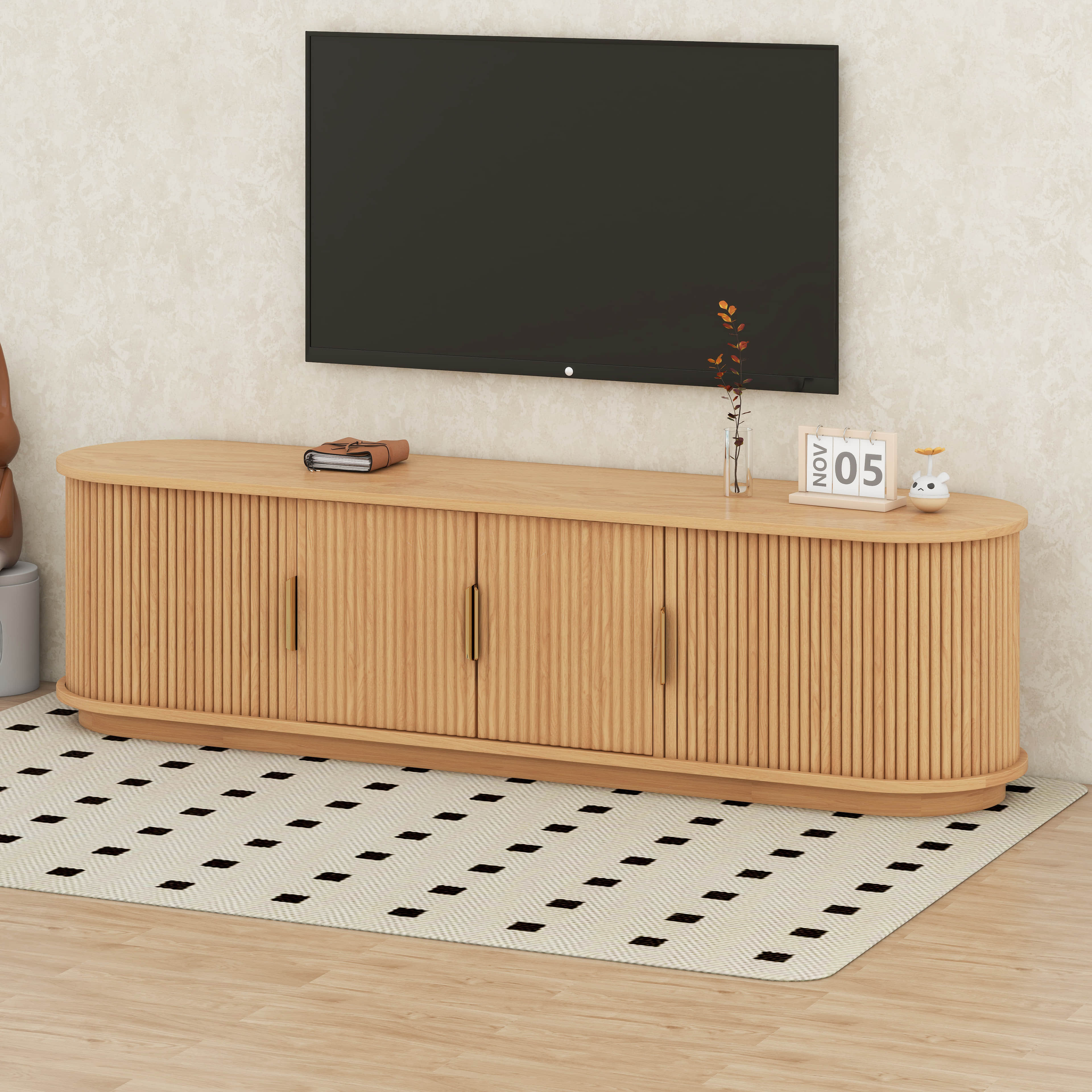 Cosmic Wooden TV Stand With Sliding Tambour Door, Farmhouse Fluted ...