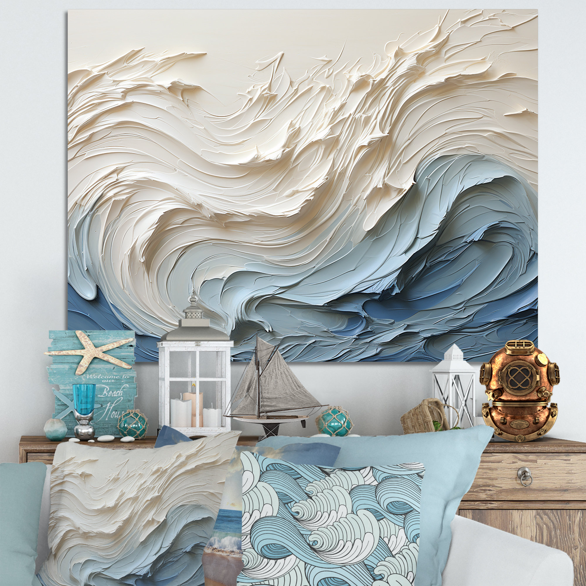 Wade Logan® White And Blue Wave Papercut Style - Coastal Waves Wall Art ...