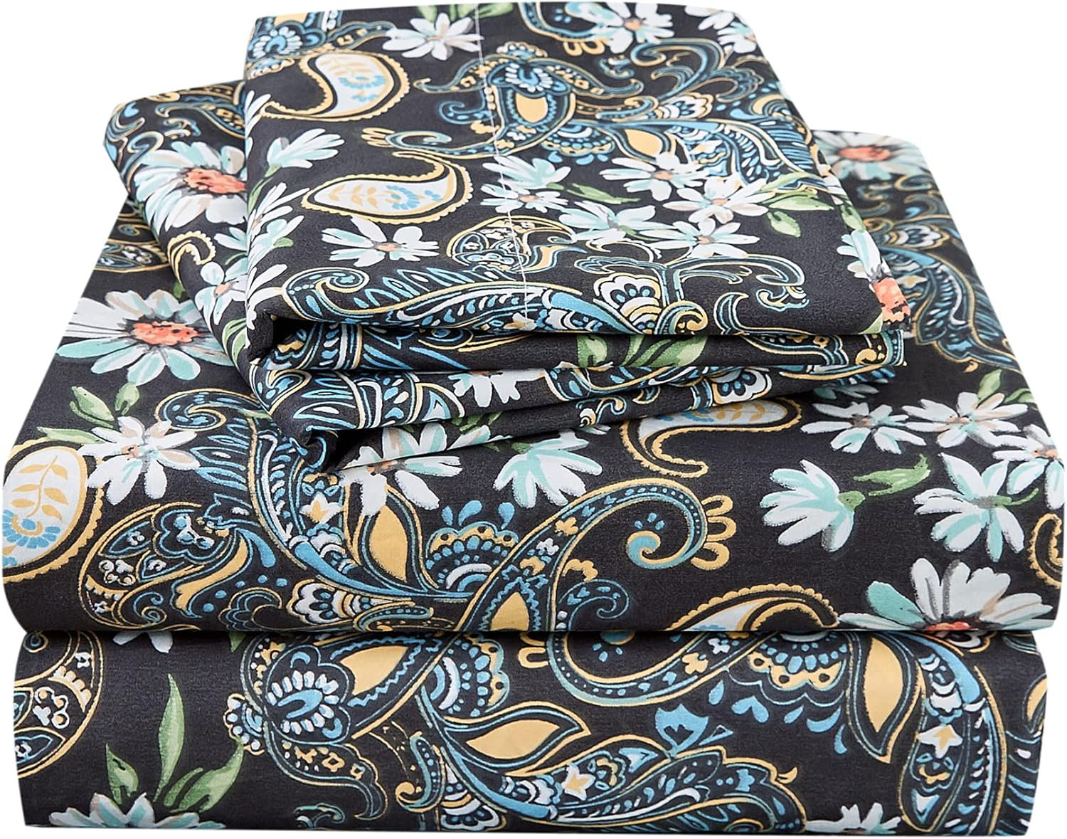 AMIPOR Black Paisley Floral Printed Sheet Set Queen Size, 4 Piece Soft ...