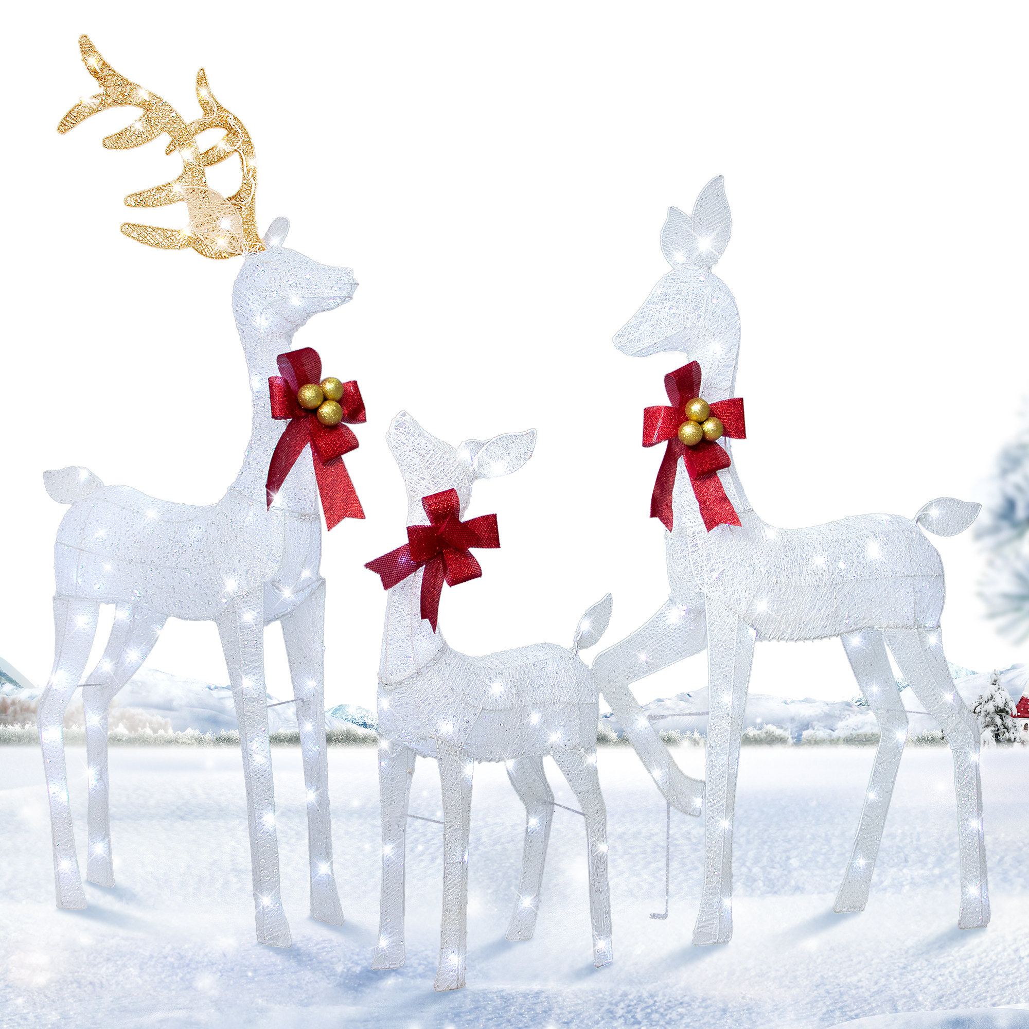 The Holiday Aisle® 3-Piece Light Up 3D White Reindeer Family Outdoor ...