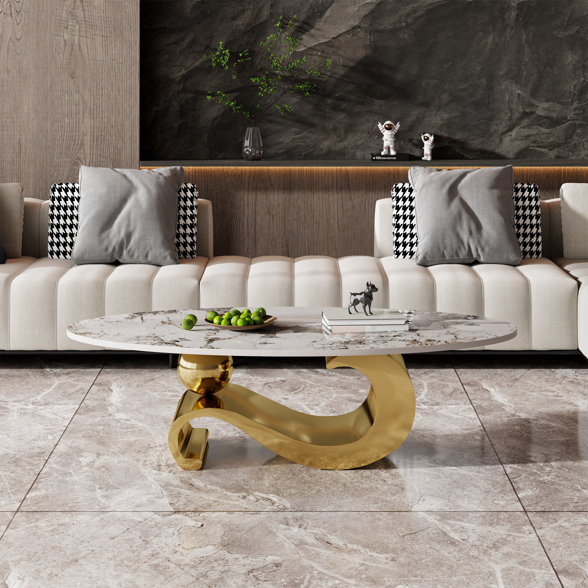 Mercer41 51" Oval Coffee Table with Glossy Sintered Stone Table top ...