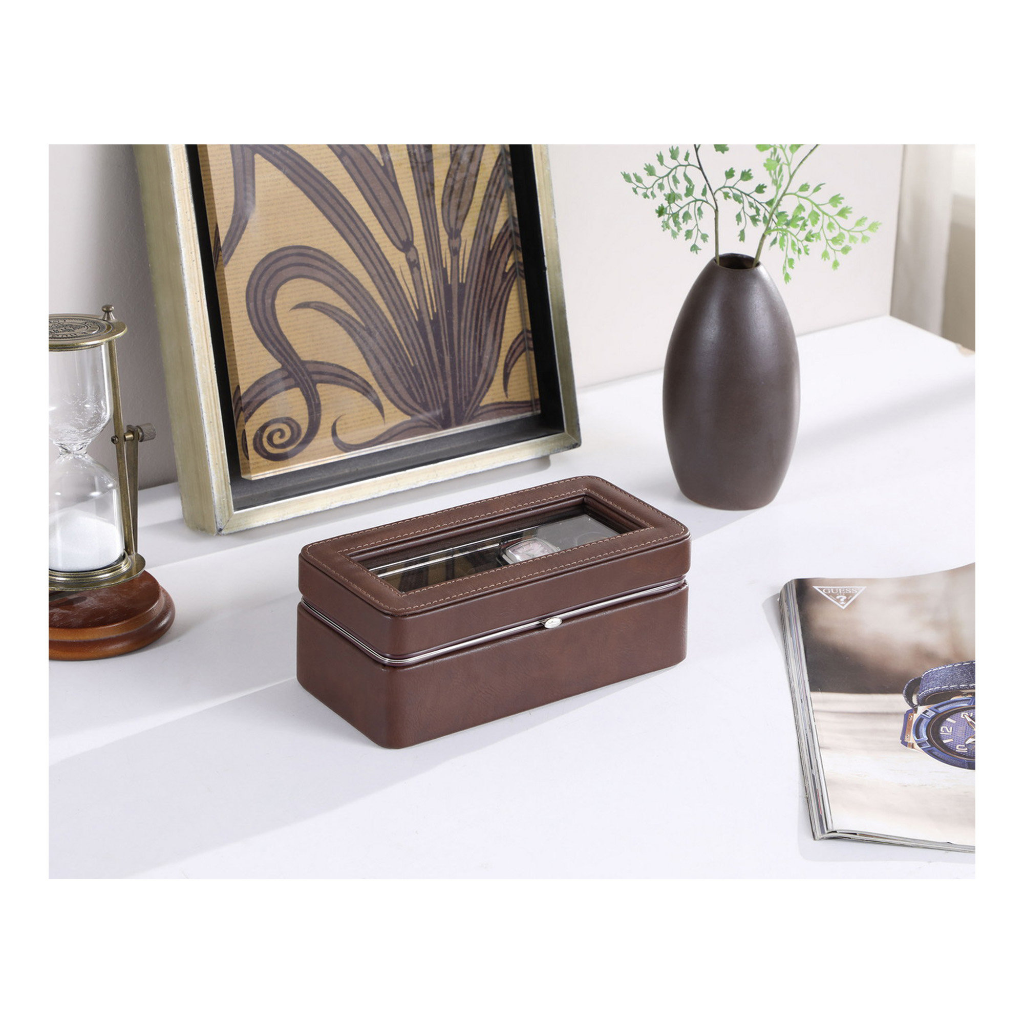 Ebern Designs 8" Long Tempered Glass and Leather 4-Slot Watch Display ...