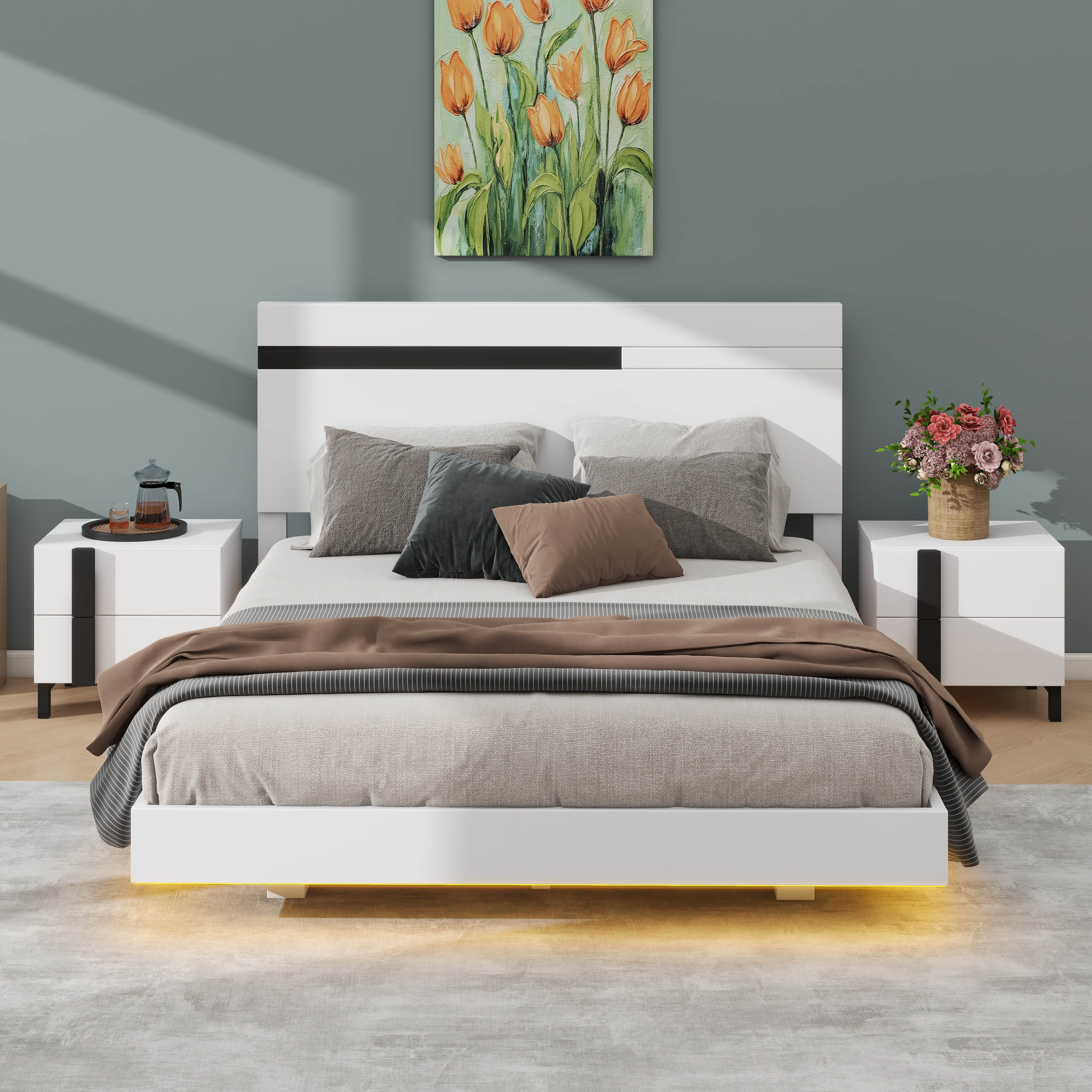 Latitude Run® Queen-Size 3-Piece Floating Bed Frame Set With Integrated ...