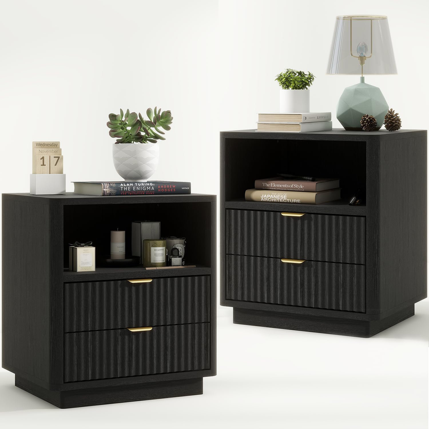 Hokku Designs Fluted Nightstands Set Of 2, Black Night Stands With 2 ...
