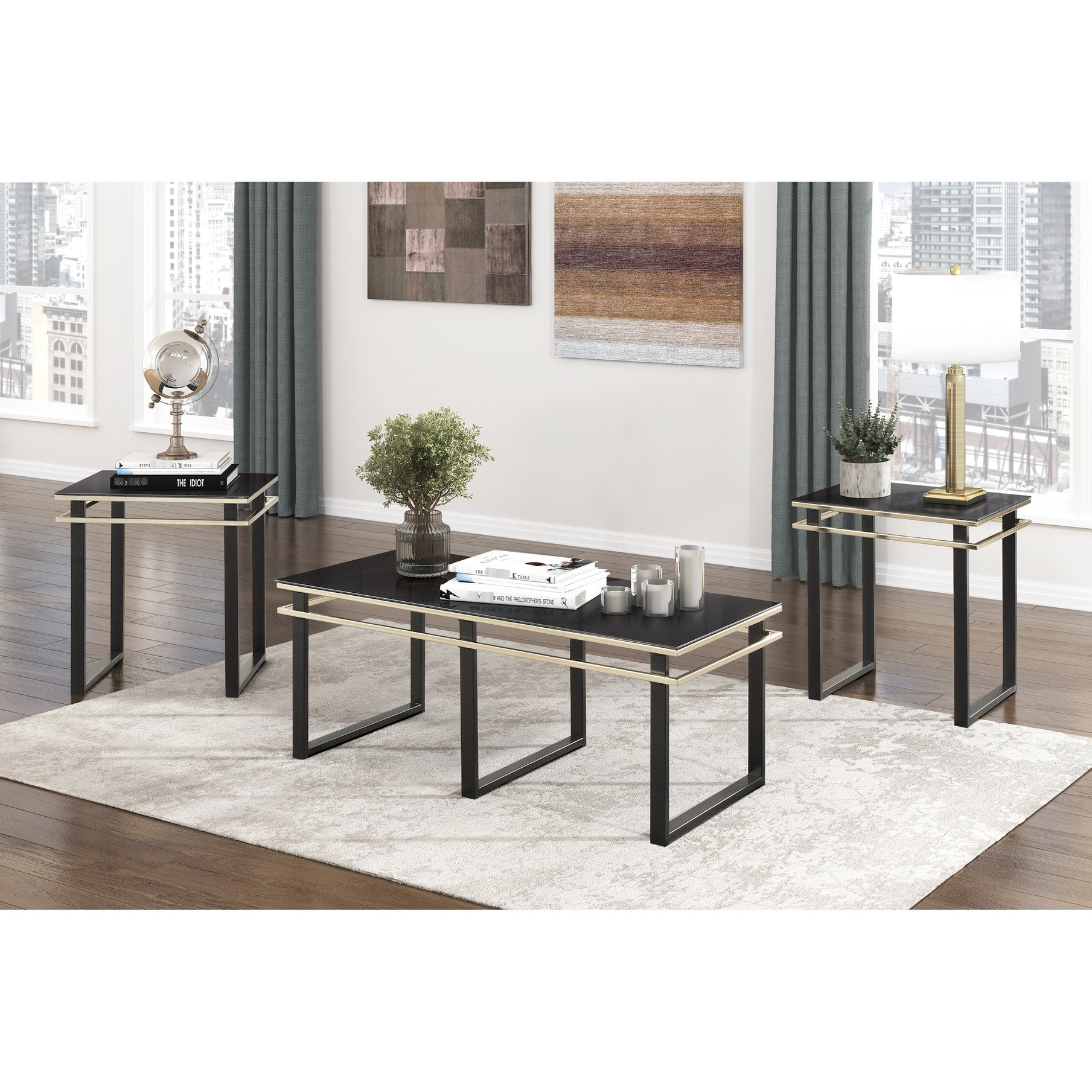 Latitude Run® Living Room 3Pc Tables : Black Tempered Glass Top Coffee ...
