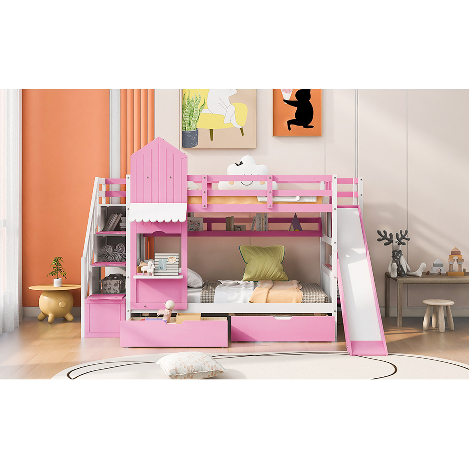 Harriet Bee Pink Style Bunk Bed With 2 Drawers, 3 Shelves And Slide ...
