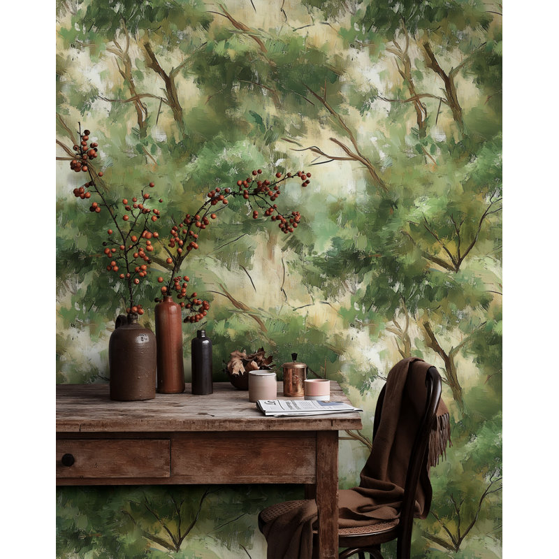 Charlton Home® Impressionist Forest Wallpaper Abstract Green Trees Wall ...