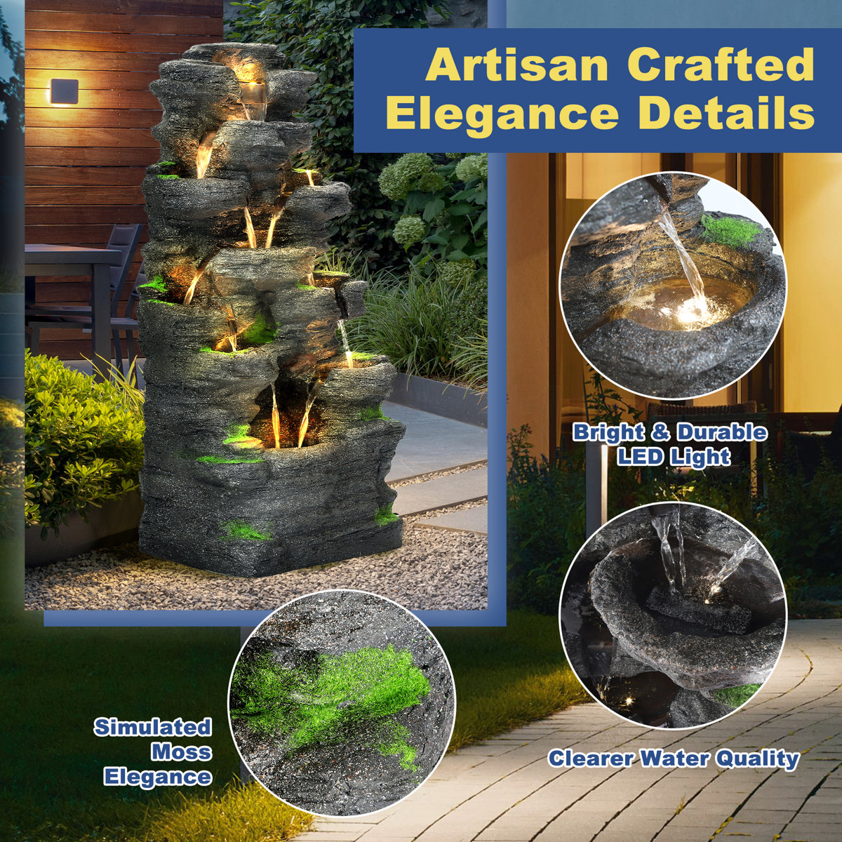 Ivy Bronx 10 Tiers Cascading Rock Outdoor Water Fountain, 40"H Garden ...