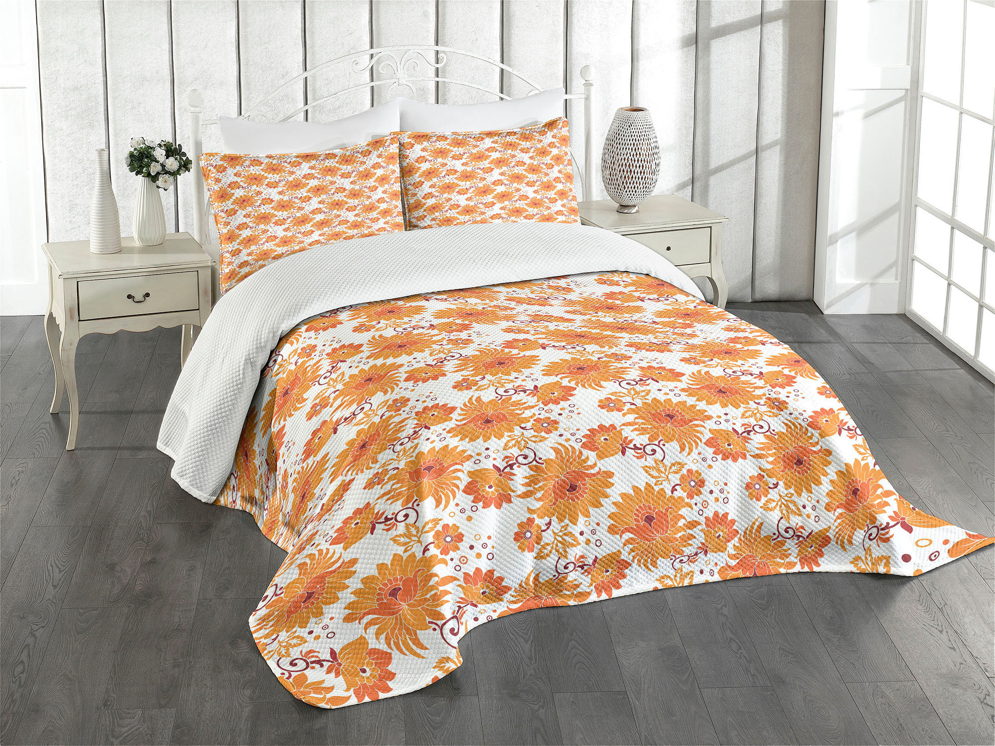Ambesonne Orange Bedspread Old Damask Traditional Orange Marigold ...