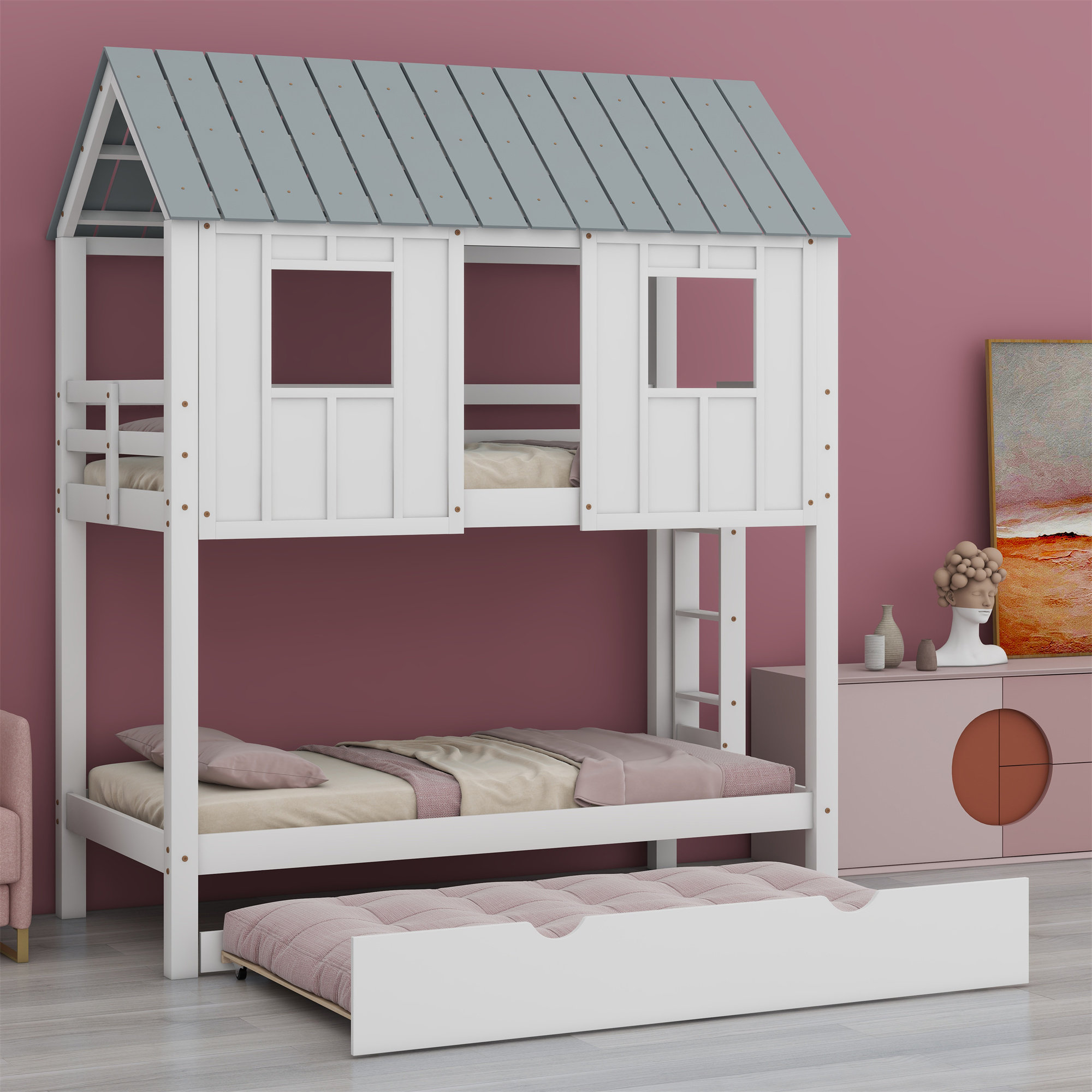 Harper Orchard House Bunk Bed With Trundle,Roof And Windows - Wayfair ...