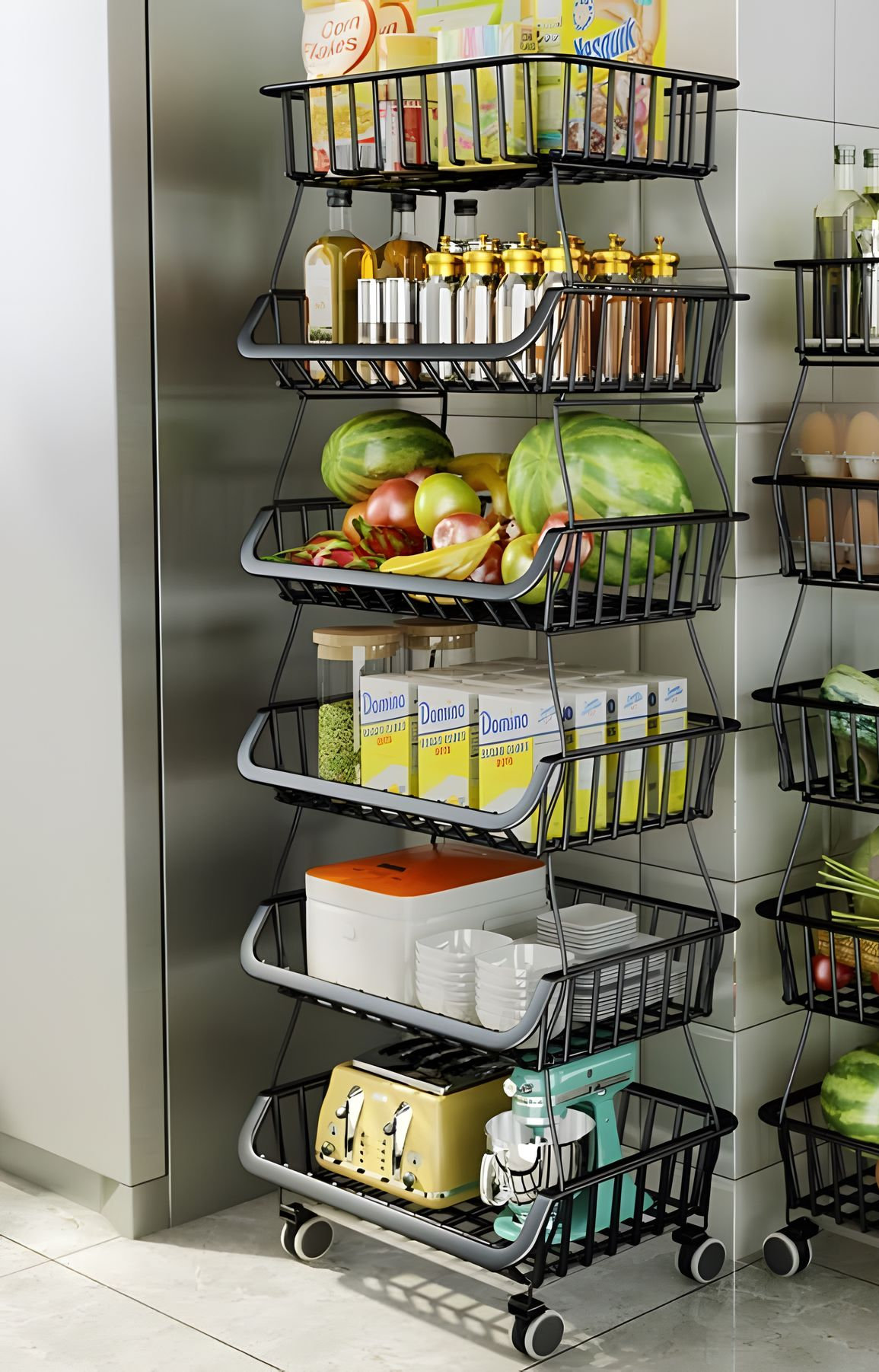 INFOOR Stackable Black Iron Wire Kitchen Storage Baskets With Wheels ...