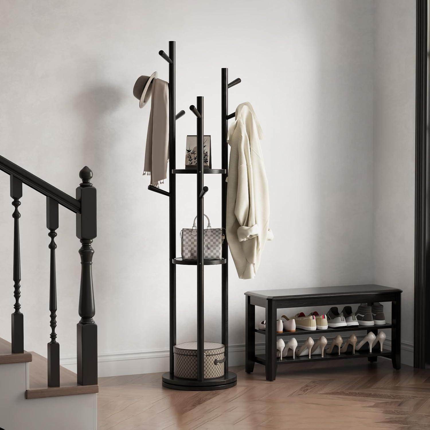 Latitude Run® Black Solid Wood Rotating Coat Rack, Freestanding Design ...