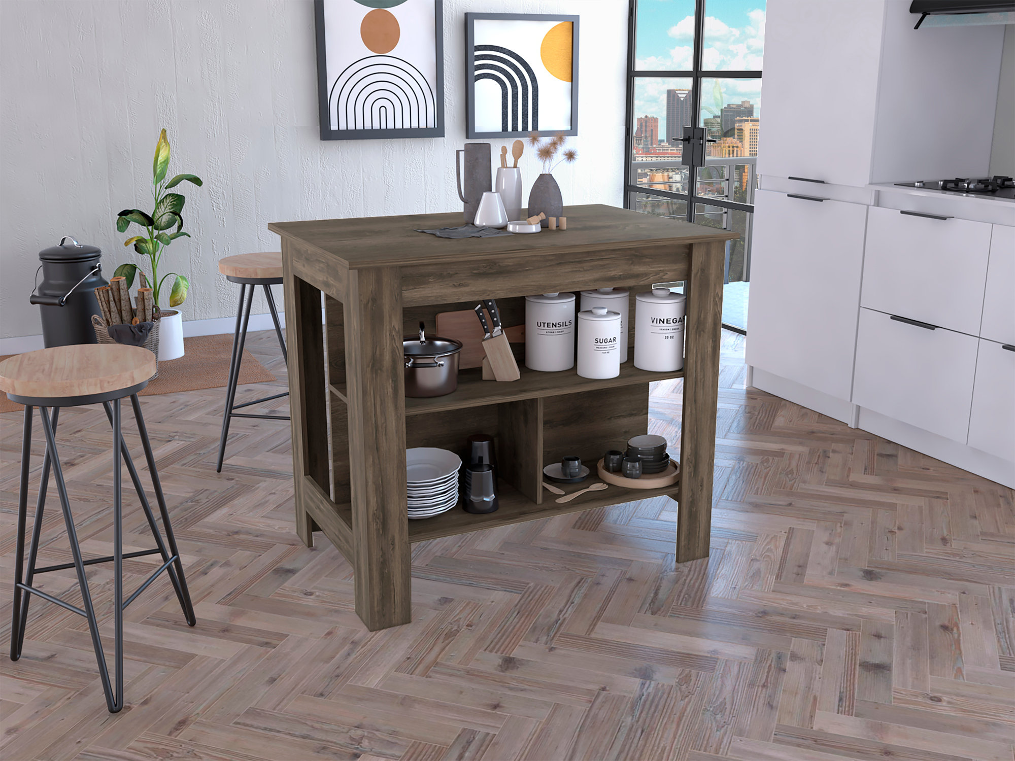 Loon Peak Modern Kitchen Island, Four Legs, Three Shelves -Dark Brown ...
