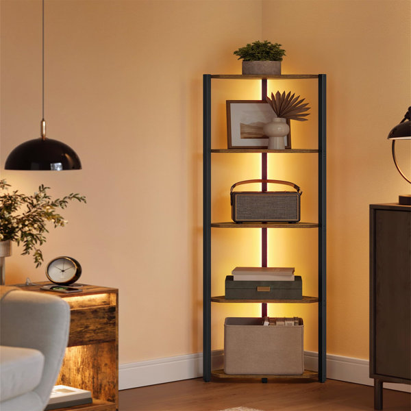 Metro Lane 5-Tier Corner Shelf, Bookcase With Adjustable LED Light ...