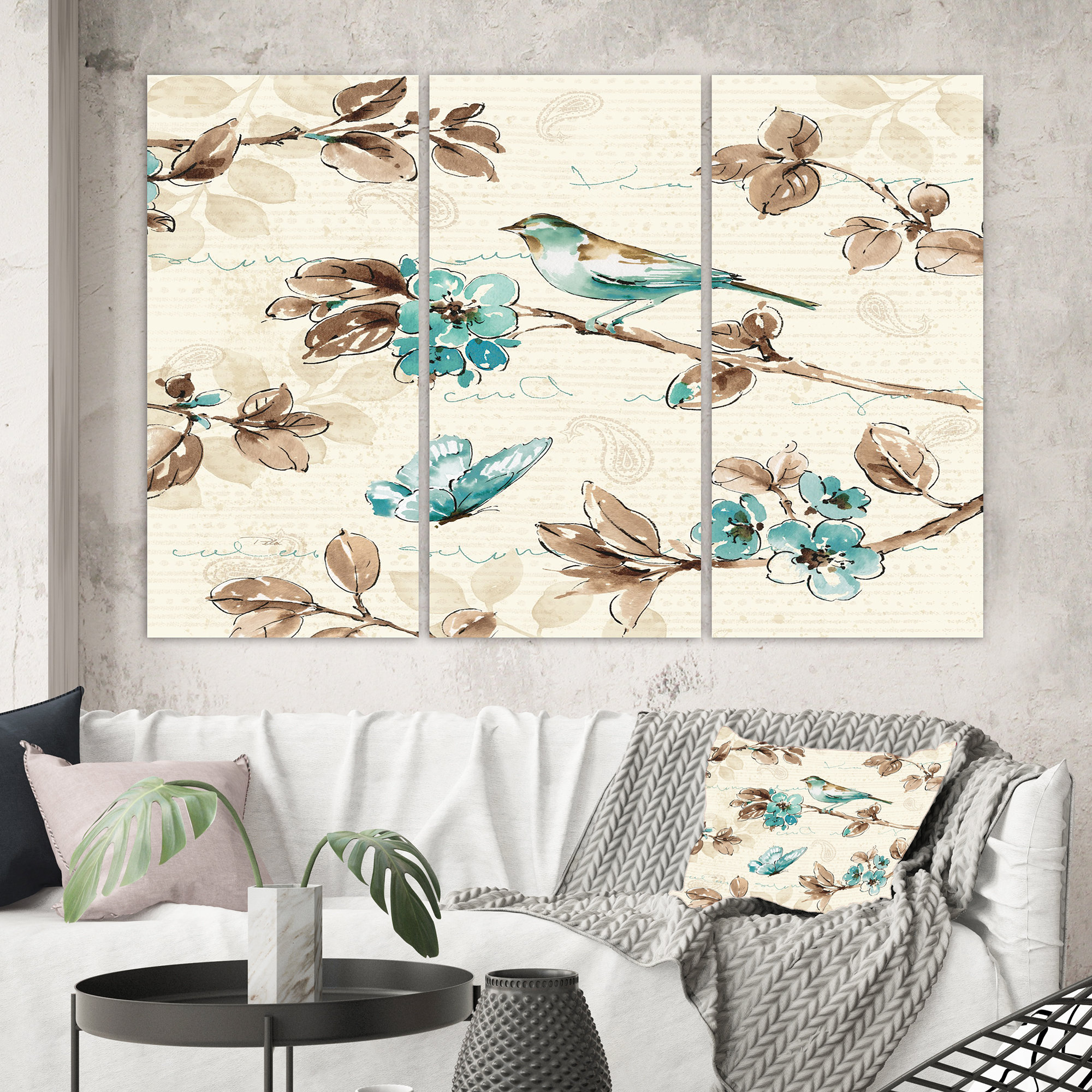 East Urban Home Beige Bird Wings - 3 Piece Wrapped Canvas Painting ...