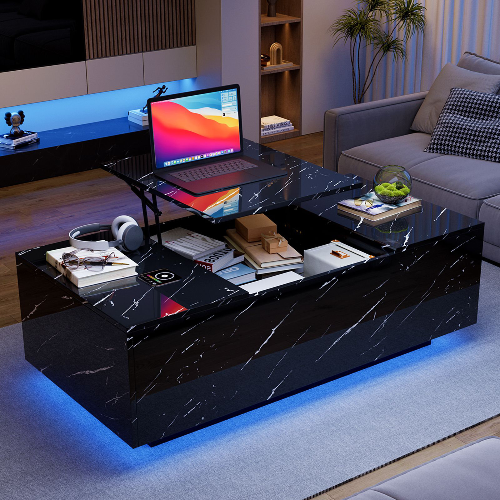 Ivy Bronx Lift Top Coffee Table with Wireless Charging, Bluetooth ...