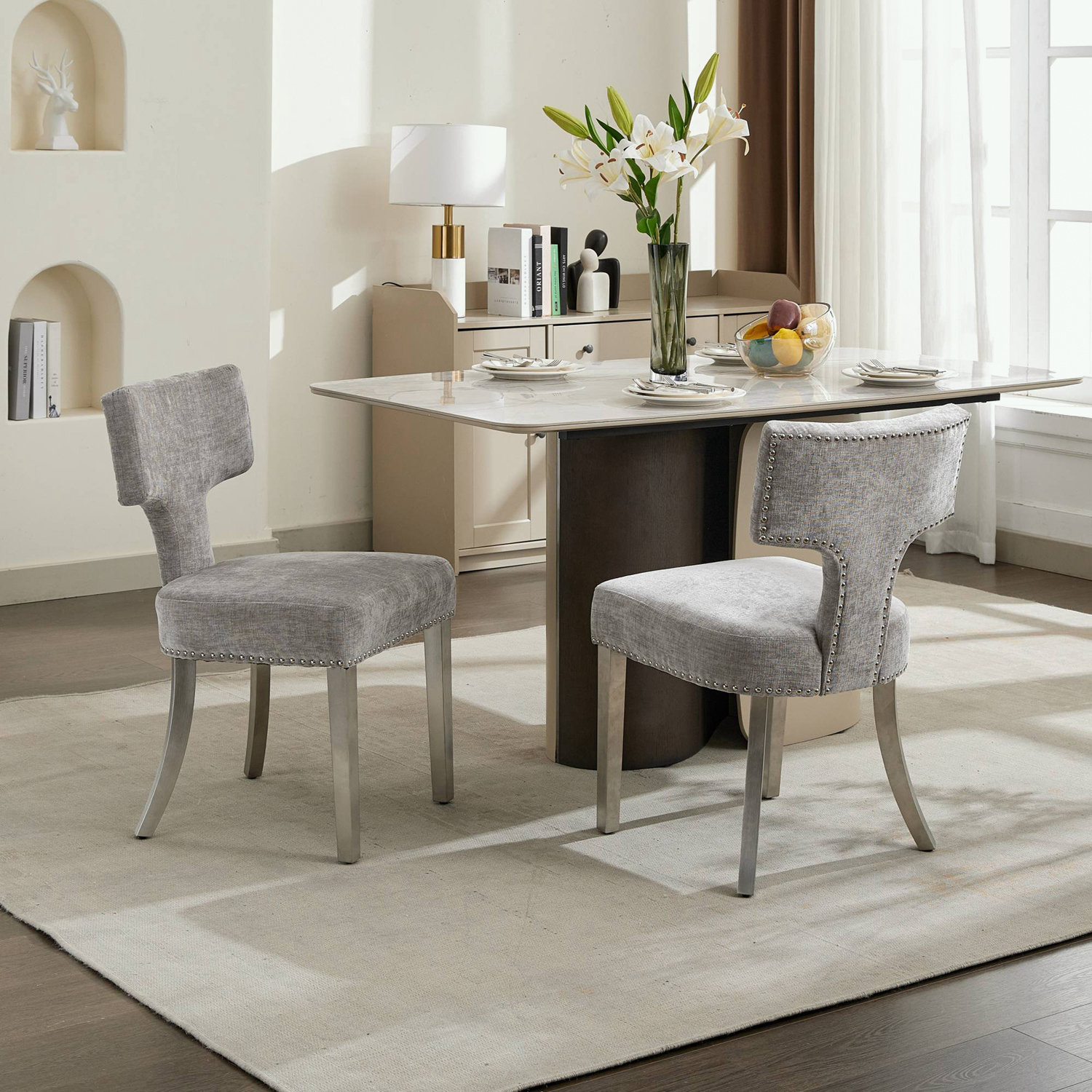 Mercer41 Dining Chairs Set of 2 with nails decoration and metal legs ...