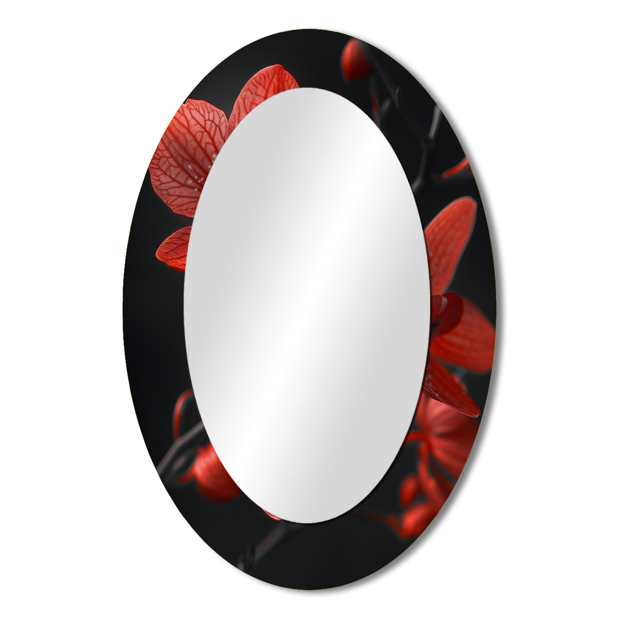 Mercer41 Nocturnal Nirvana Red Grey Orchids - Red Oval Wall Mirror Decor | Wayfair