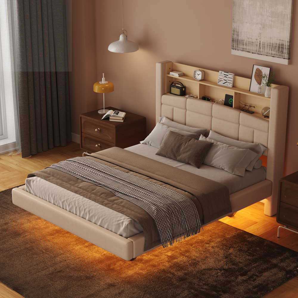 Ivy Bronx Storage Headboard Upholstered Floating Bed with LED | Wayfair