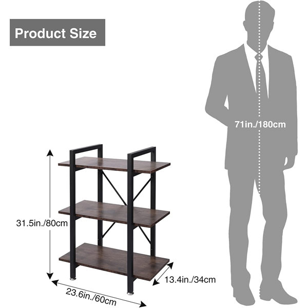 17 Stories 3 Shelf Industrial Bookshelf, With Adjustable Feet, Small ...