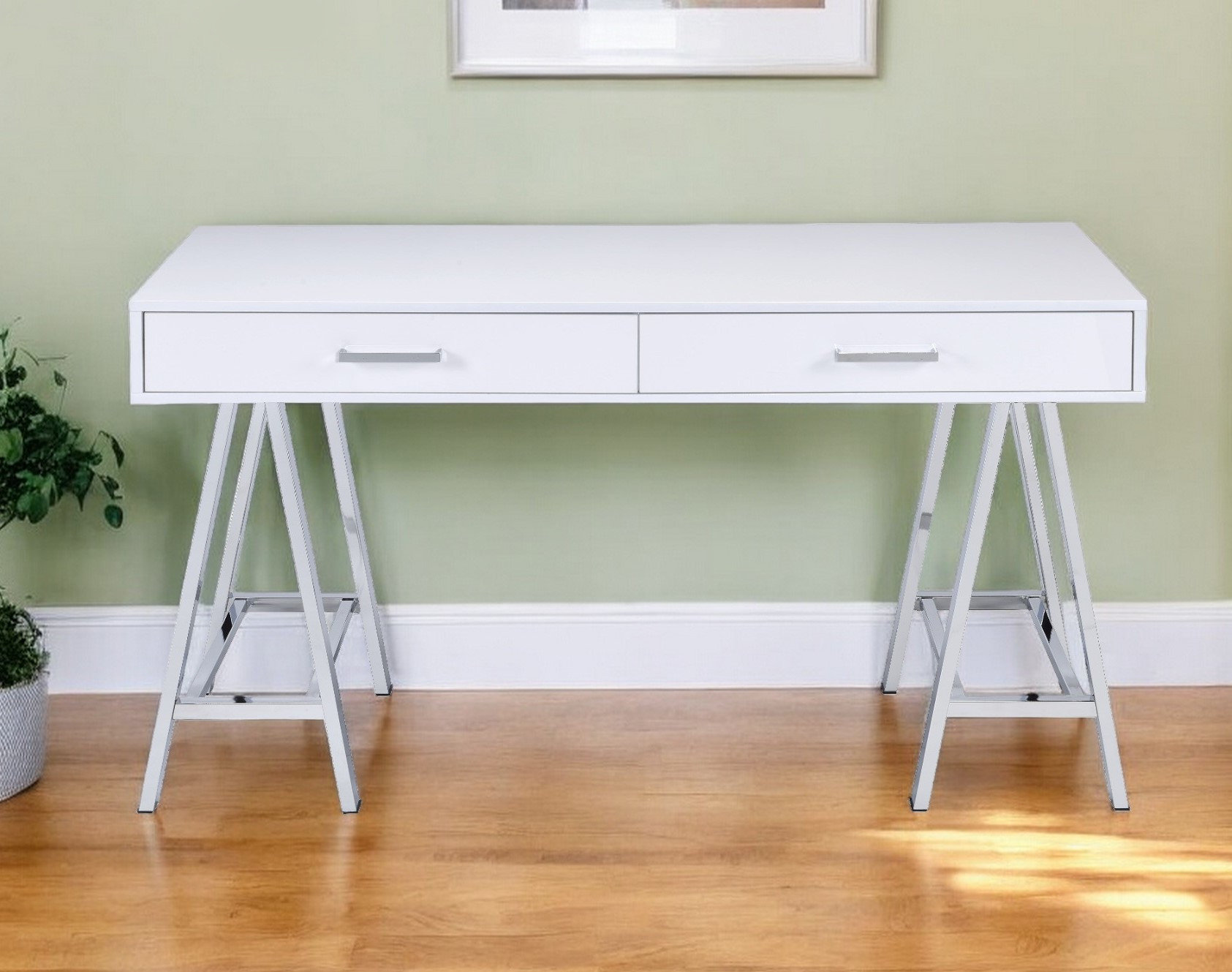 Hokku Designs 54" White and Silver Writing Desk With Two Drawers | Wayfair