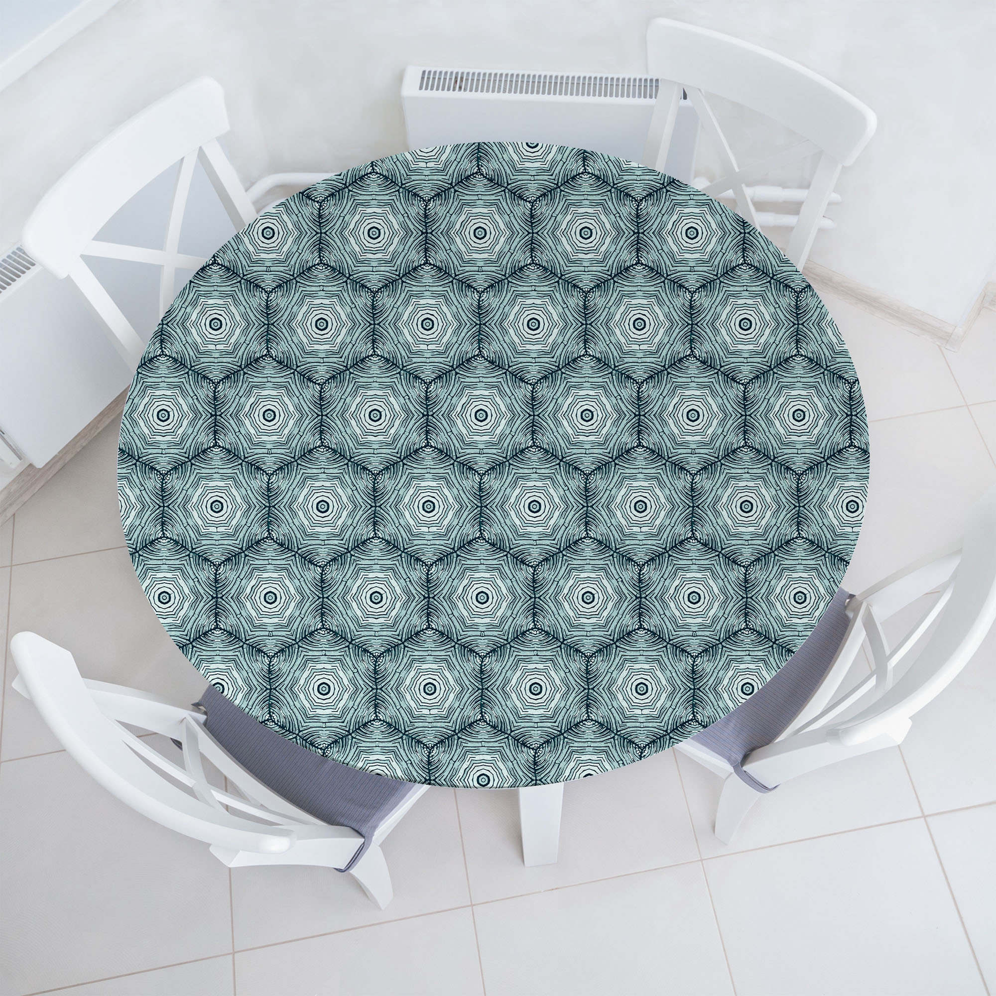 Bungalow Rose Abstract Fitted Round Tablecloth Diameter Dark Teal and ...