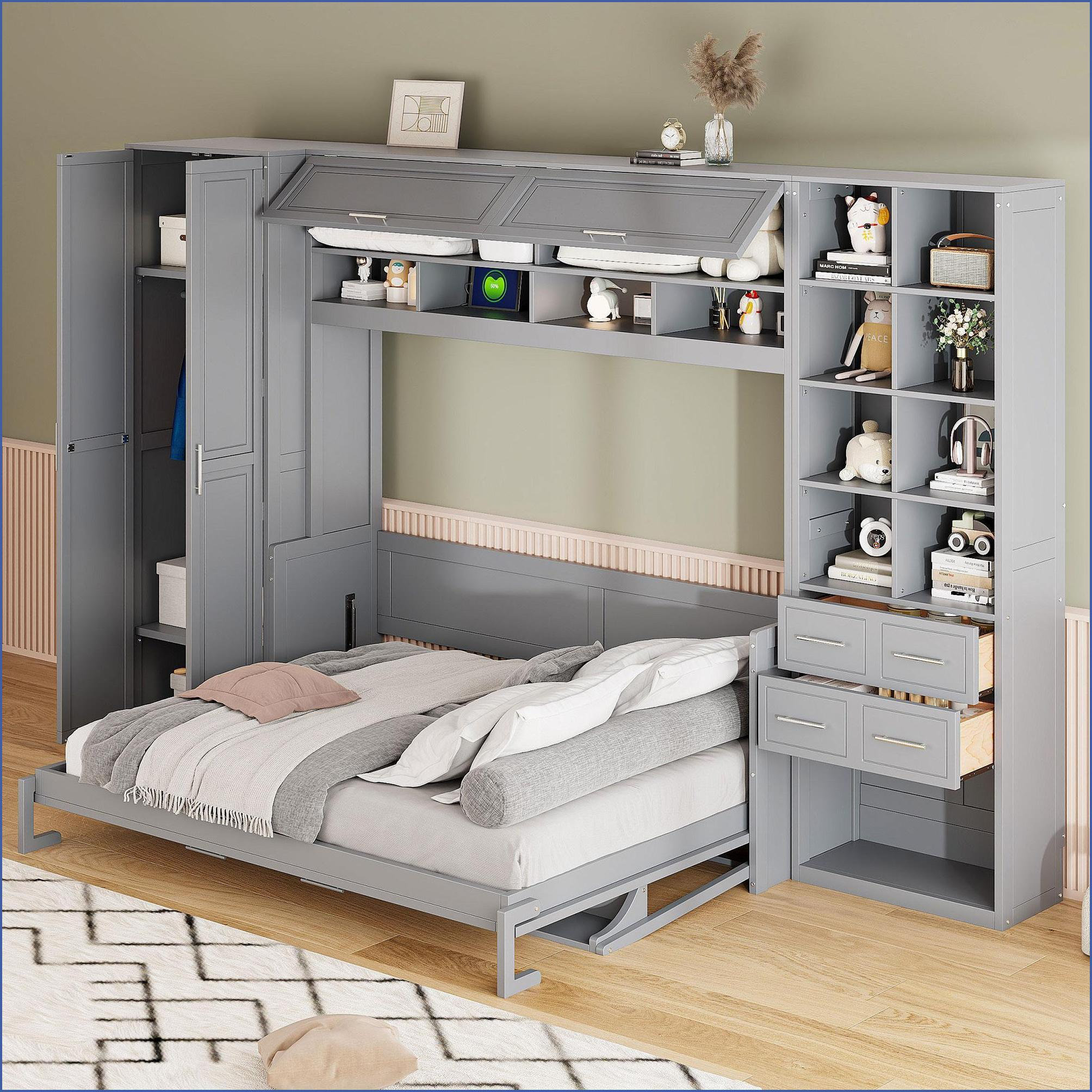 Latitude Run® Queen Size MDF + Wood Murphy Wall Bed with Closet Drawers ...