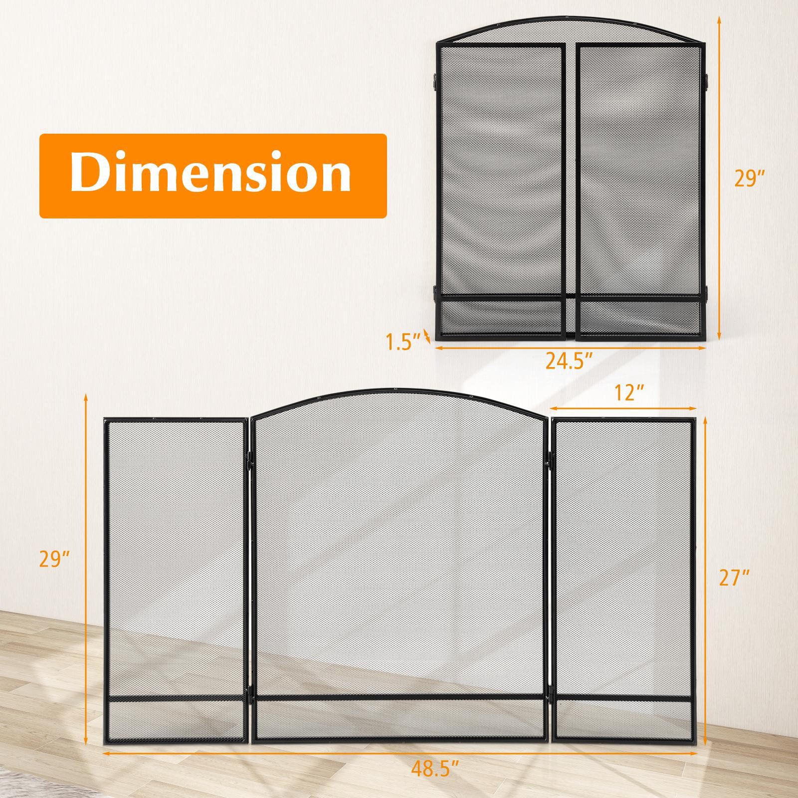 Winston Porter 3-panel Folding Fireplace Screen, Wrought Iron Spark ...