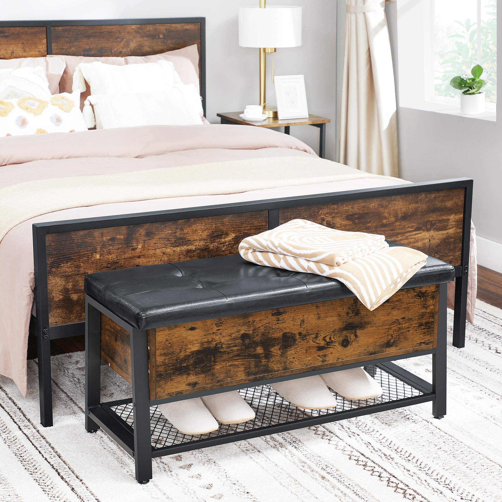 17 Stories Industrial Storage Bench, Bed End Stool With Padded Seat And ...