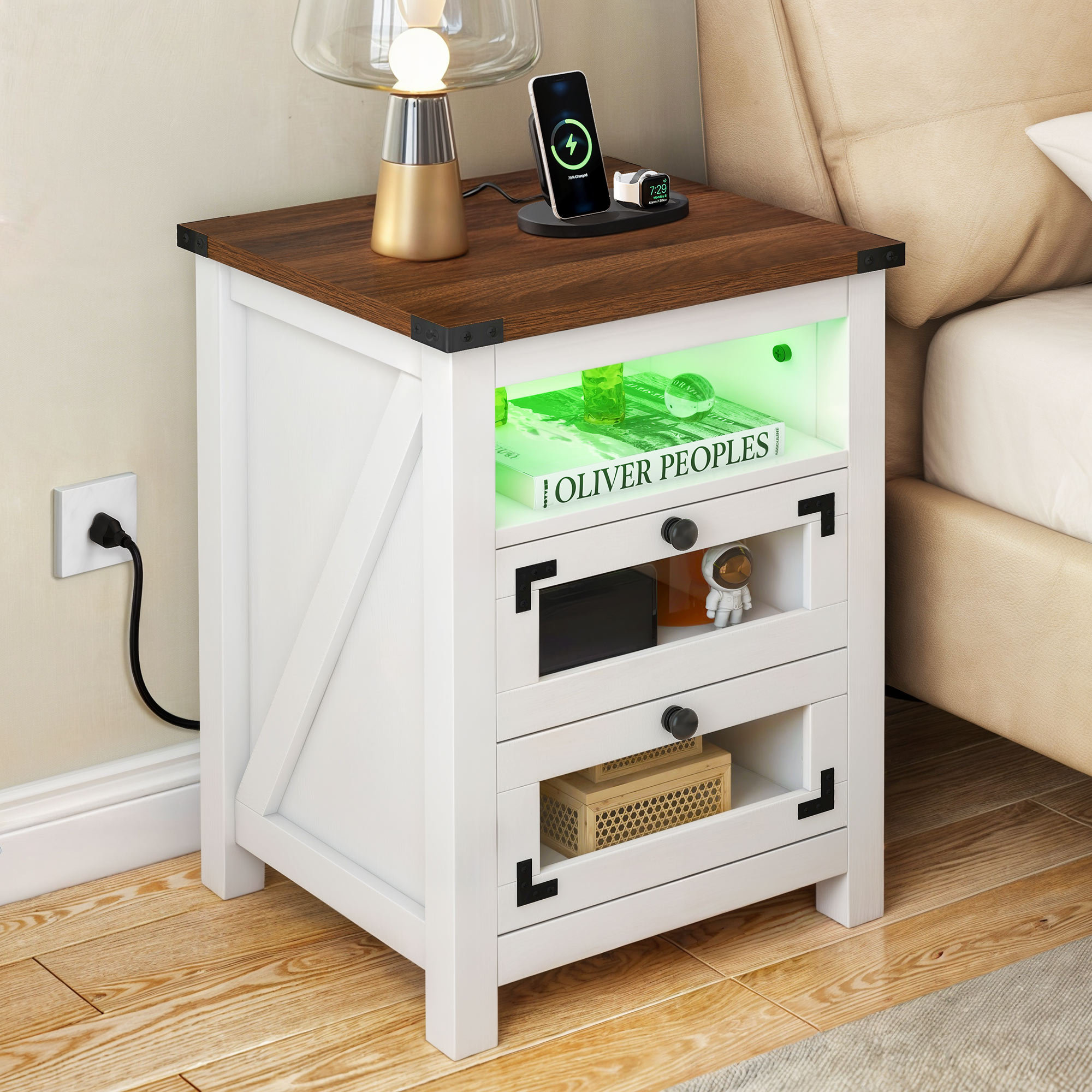 August Grove Ceci 23.6'' H Farmhouse Drawers Nightstand with Power ...