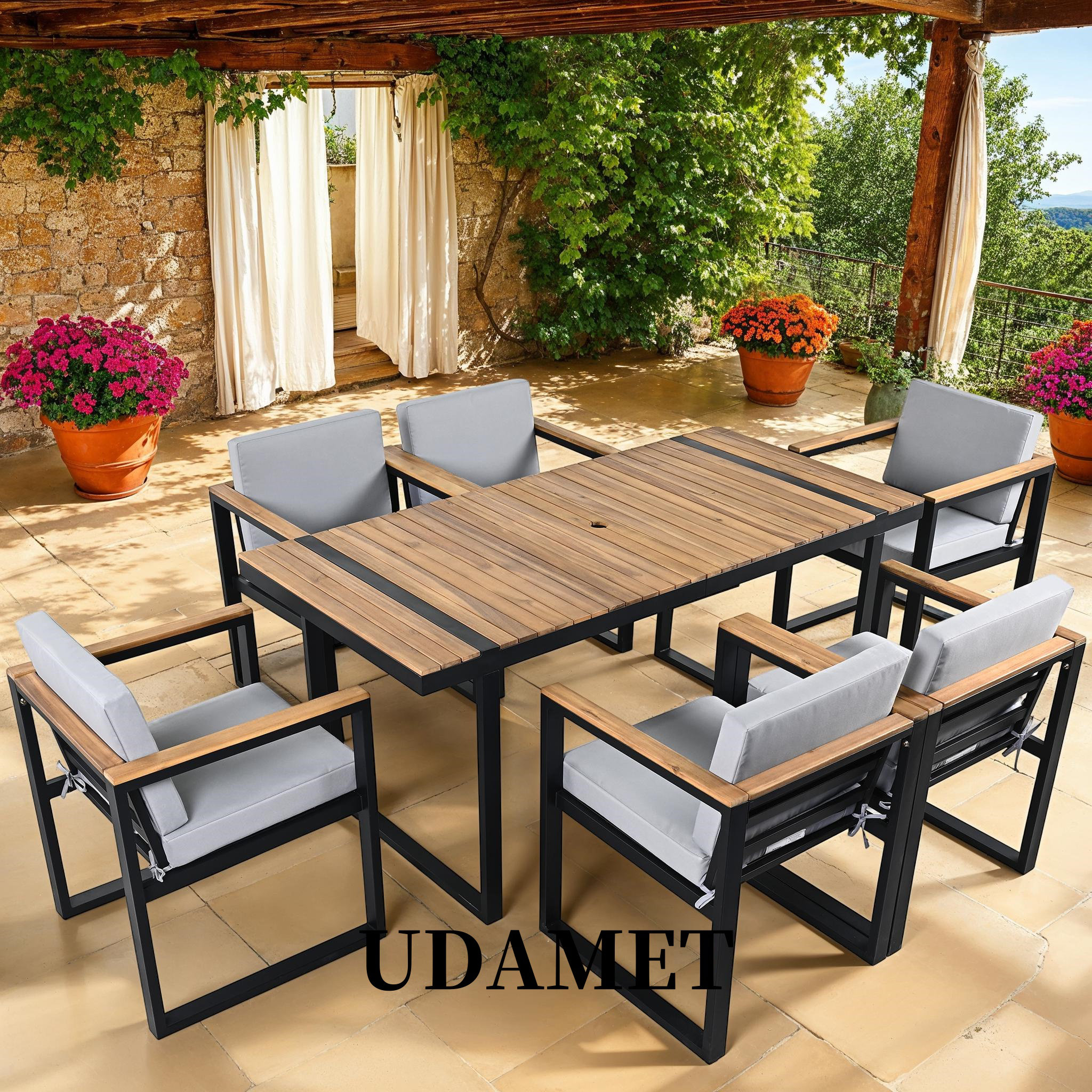 UDAMET 6-Piece Outdoor Dining Set,Acacia Wood & Steel Frame Complete ...