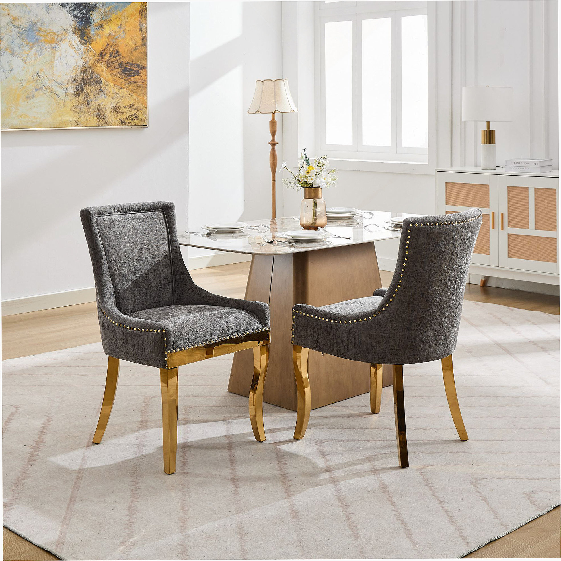 Rosdorf Park Chenille Dining Chairs, Modern Style with Curved Gold ...