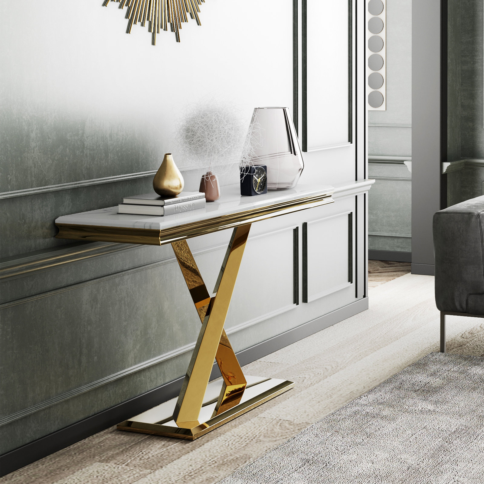 Everly Quinn Gold Console Table, 50" White Rectangular Entryway Table ...