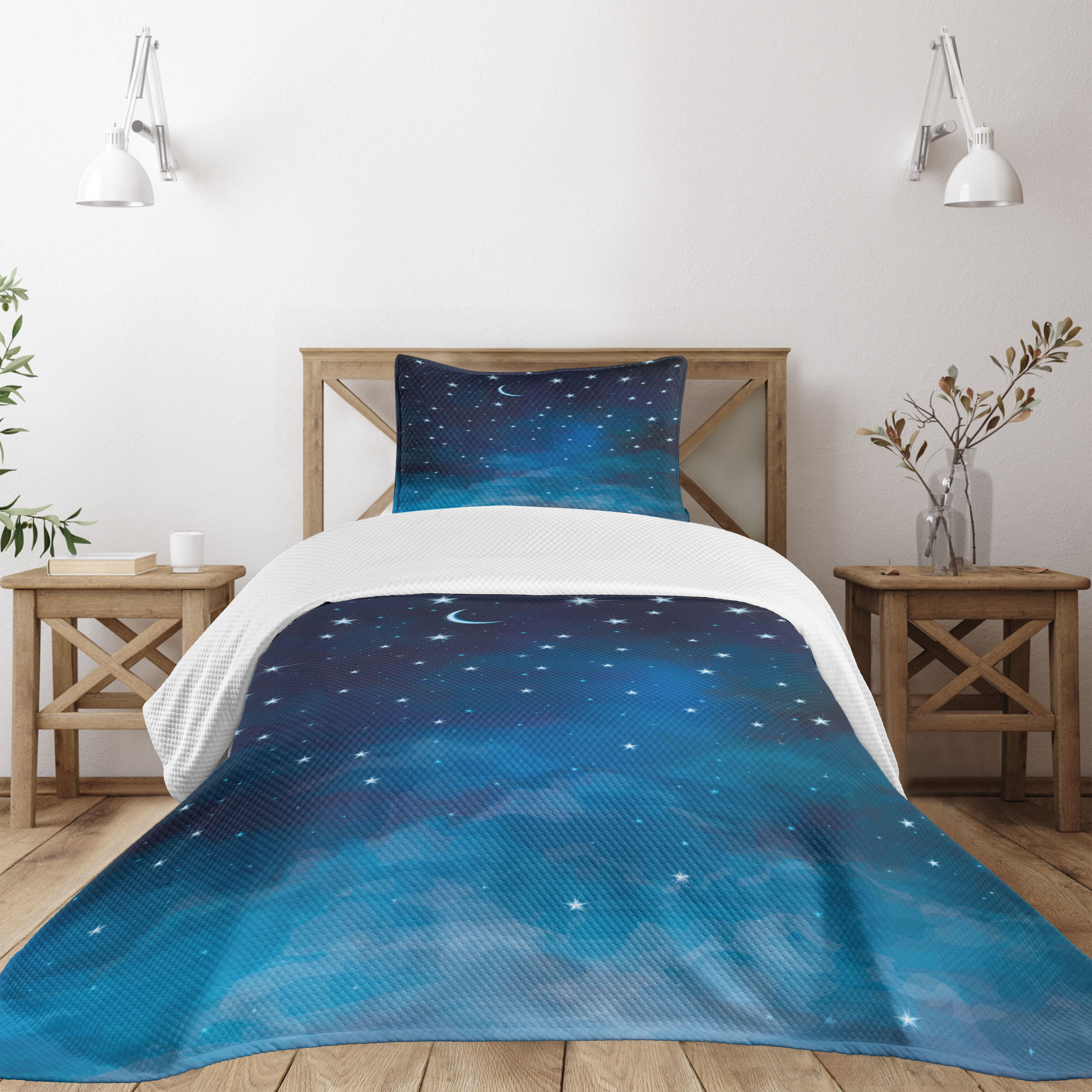 Ambesonne Sky Bedspread Set Night Time with Moon Star Blue Dark Blue ...