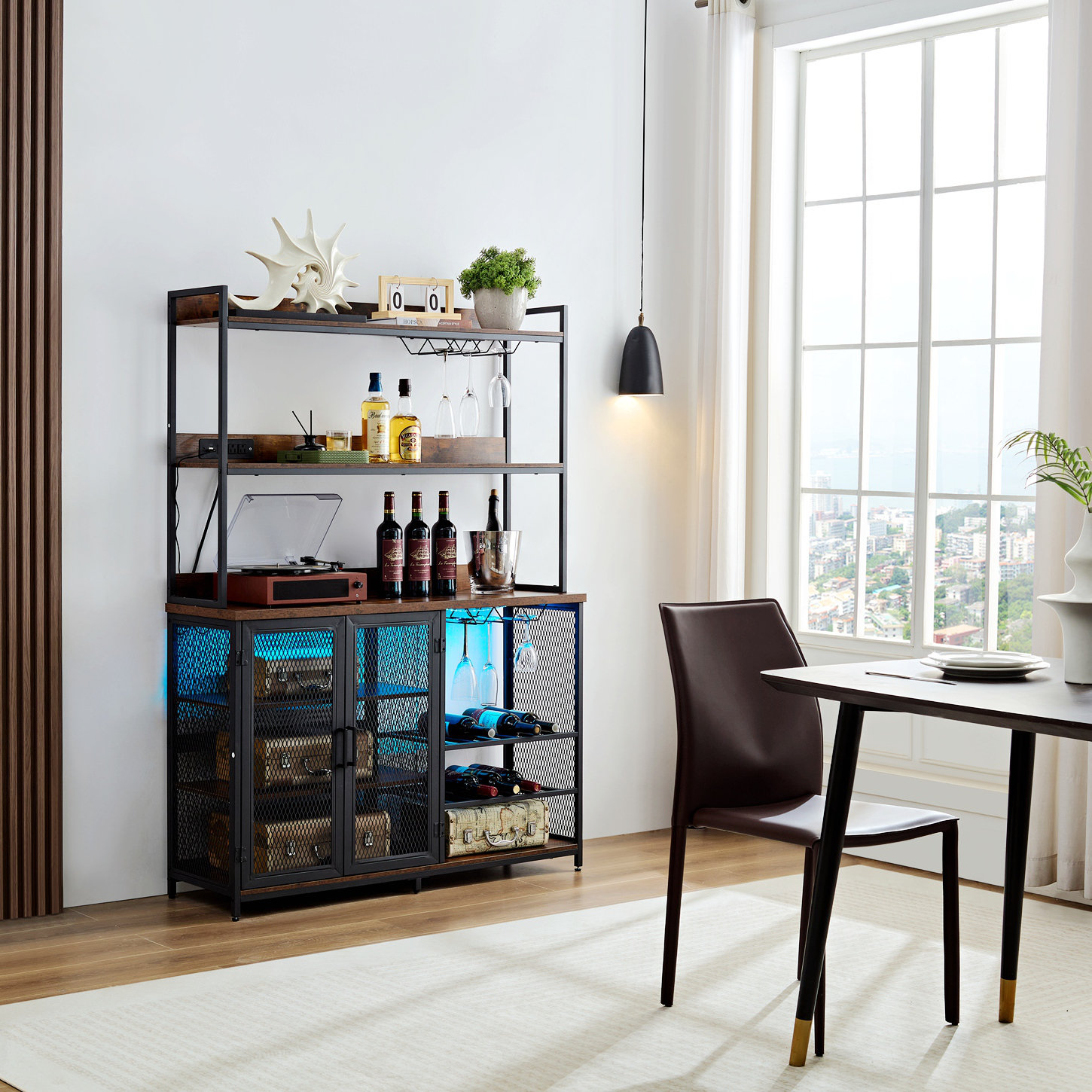 Wrought Studio Coffee Bar Cabinet With Power Outlet, Industrial Buffet Cabinet With Led Strip ...