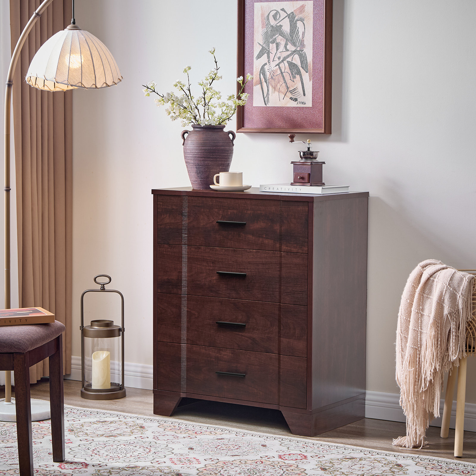 Ebern Designs Farmhouse Cherry Red Curved Tall 4 Drawers Dresser for ...