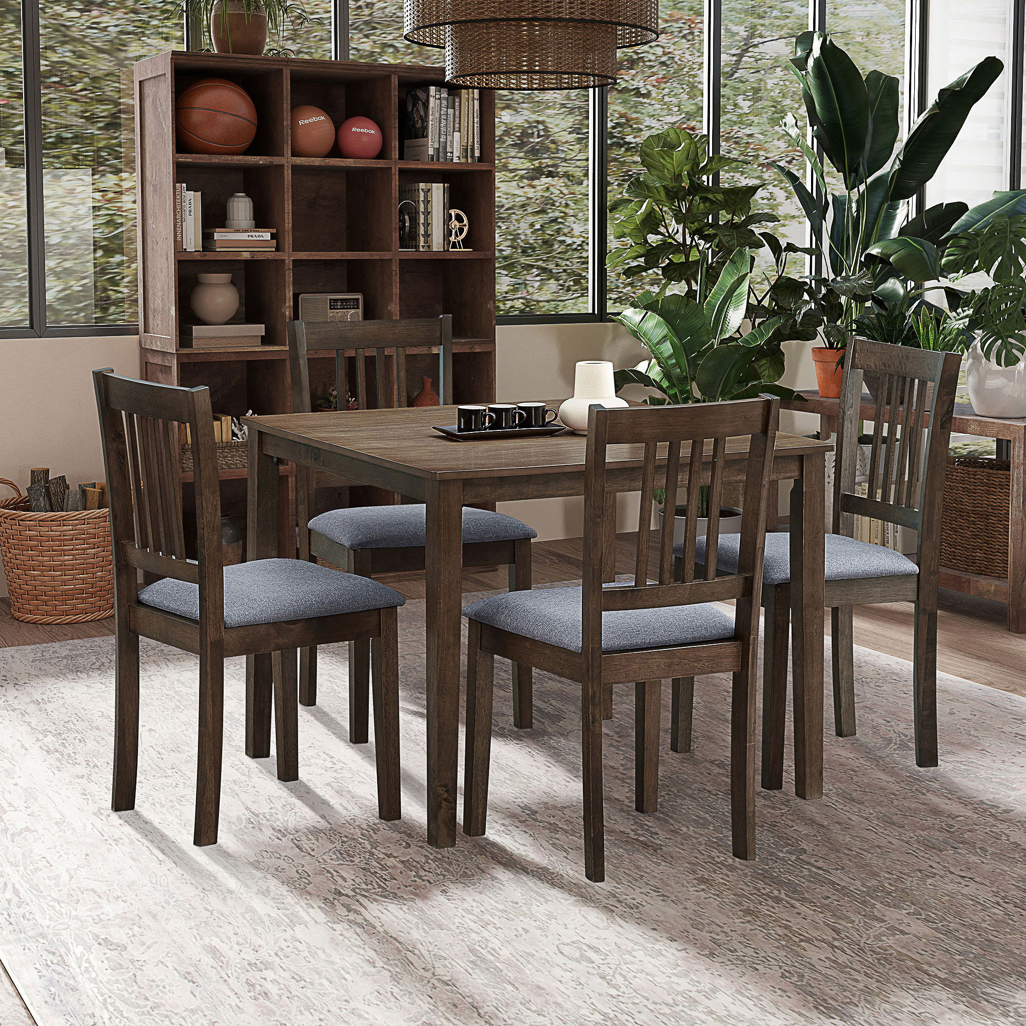 Latitude Run® Mid Century Modern Wooden Dining Table Set With 4 Upholstered Chairs, Space-Saving ...
