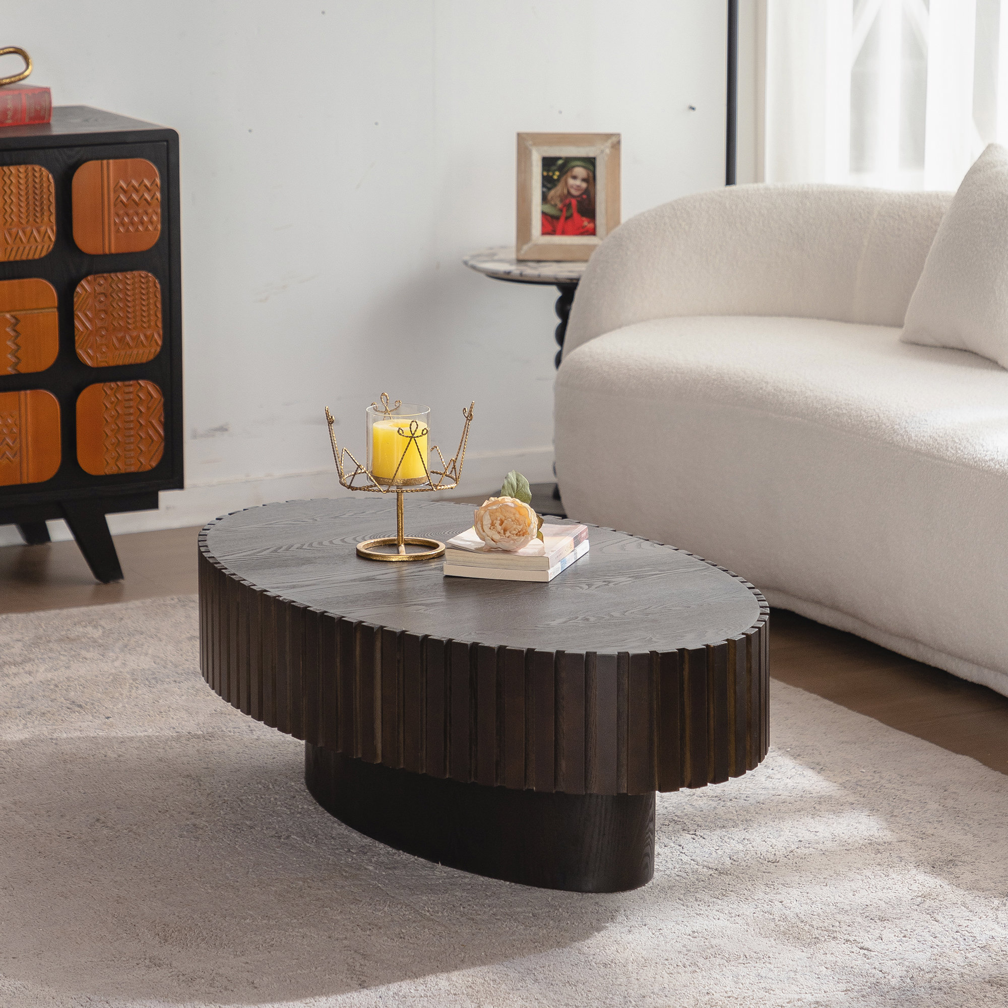 Ivy Bronx Oval Coffee Table Handcrafted Relief Olive-Shaped Wood Coffee ...