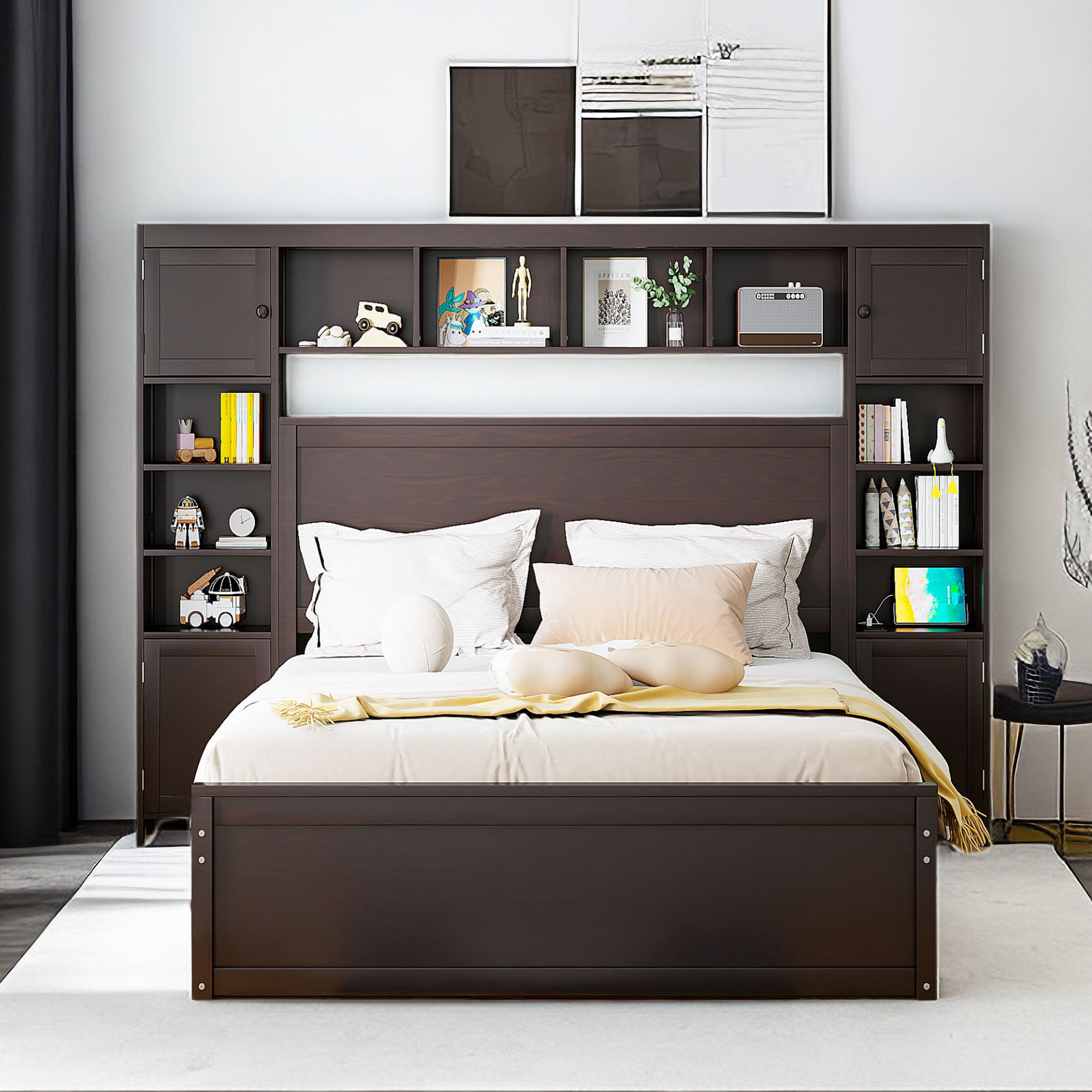 Red Barrel Studio Gleb Bookcase Bed with Shelves and Cabinets, Sockets ...