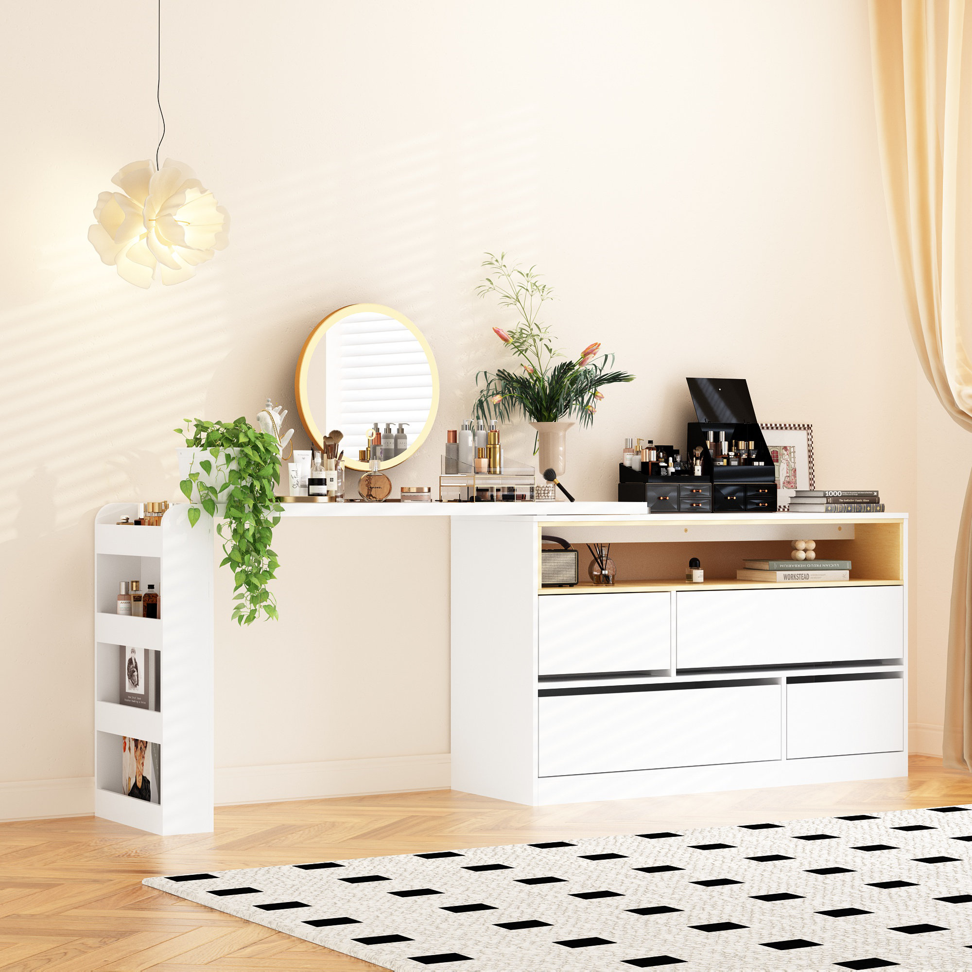 Wade Logan Ballal 4 Drawer Convertible Vanity Table with Side Shelves ...